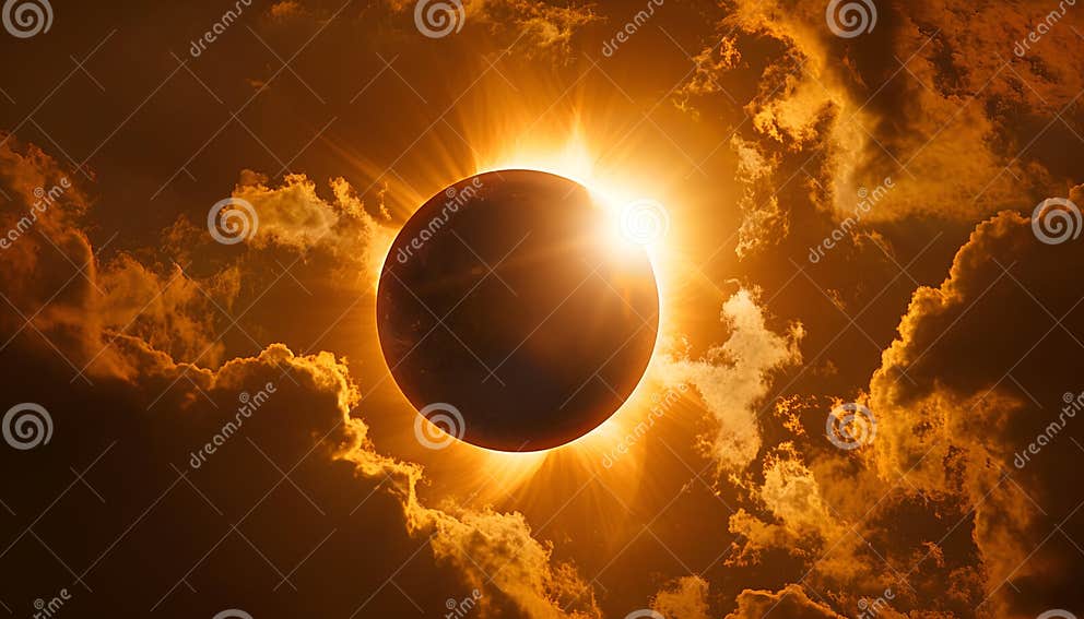 There is a Total Solar Eclipse. Sunbeams Burst Behind the Moon and ...