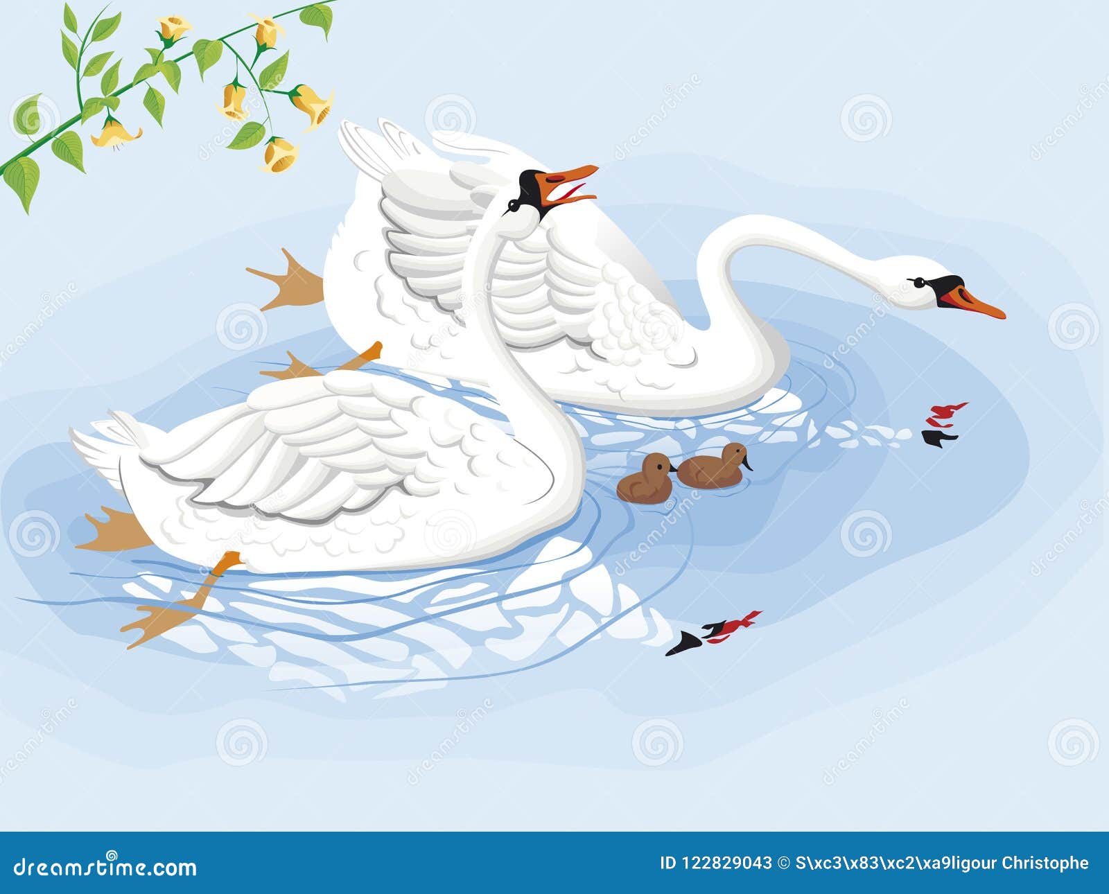 Two Swans are Swimming in the River Stock Vector - Illustration of wing ...