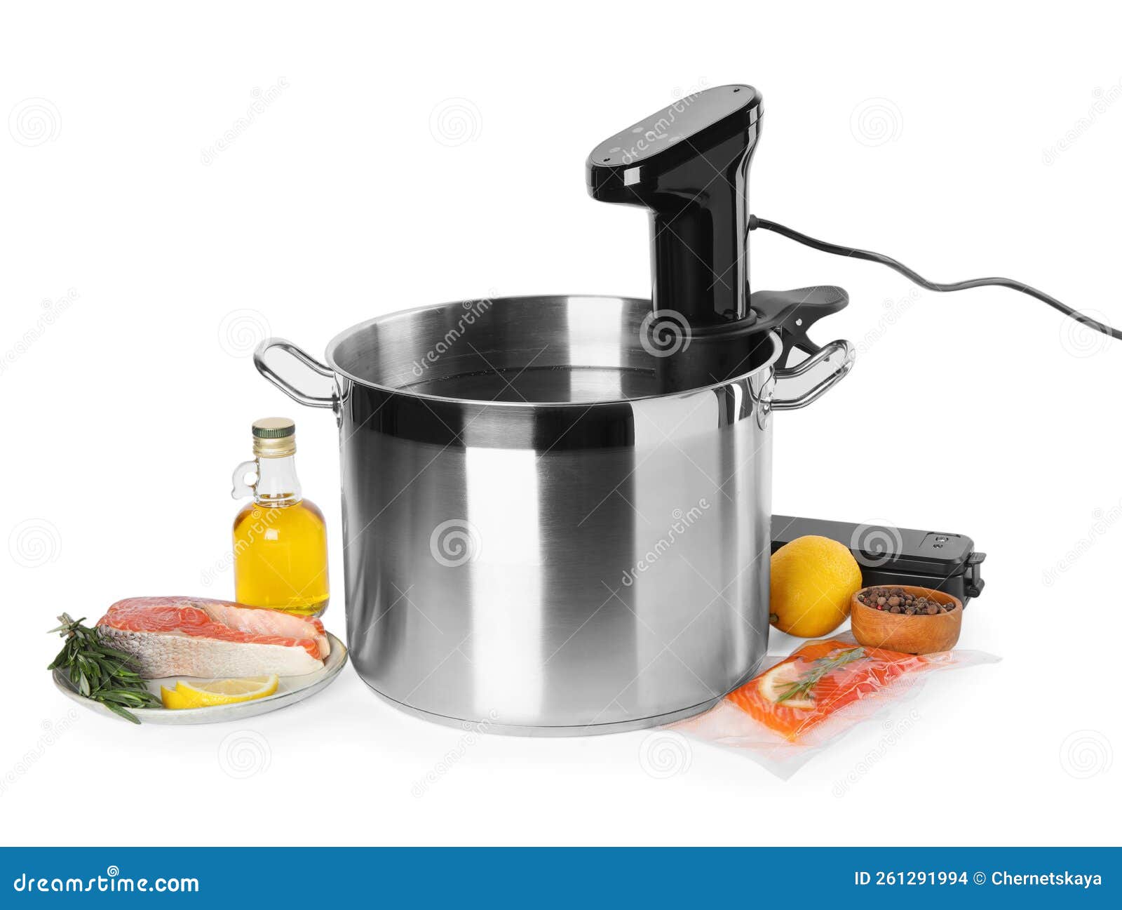 Thermal Immersion Circulator in Pot and Ingredients on White Background ...