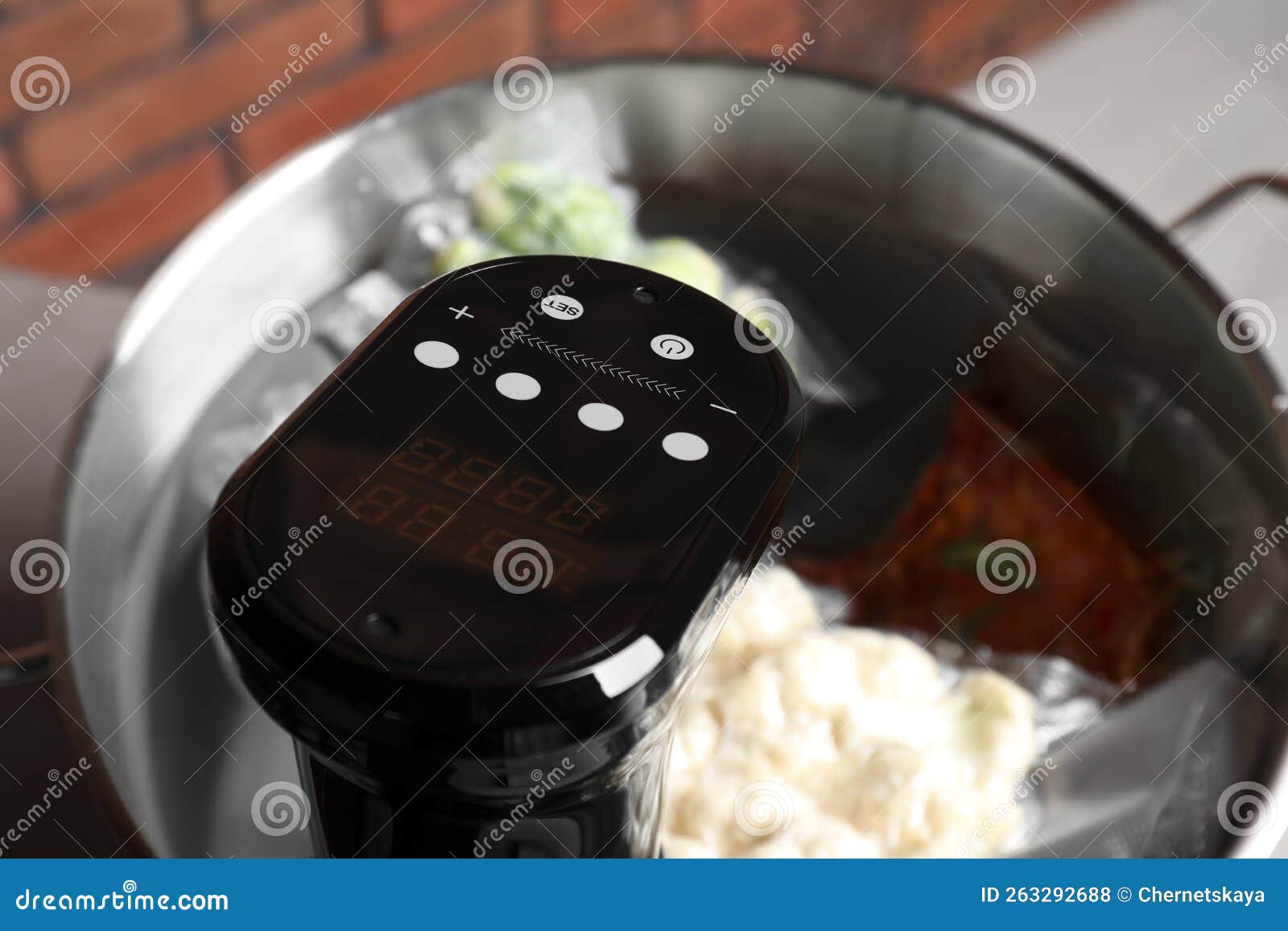 Thermal Immersion Circulator and Vacuum Packed Ingredients in Pot on ...