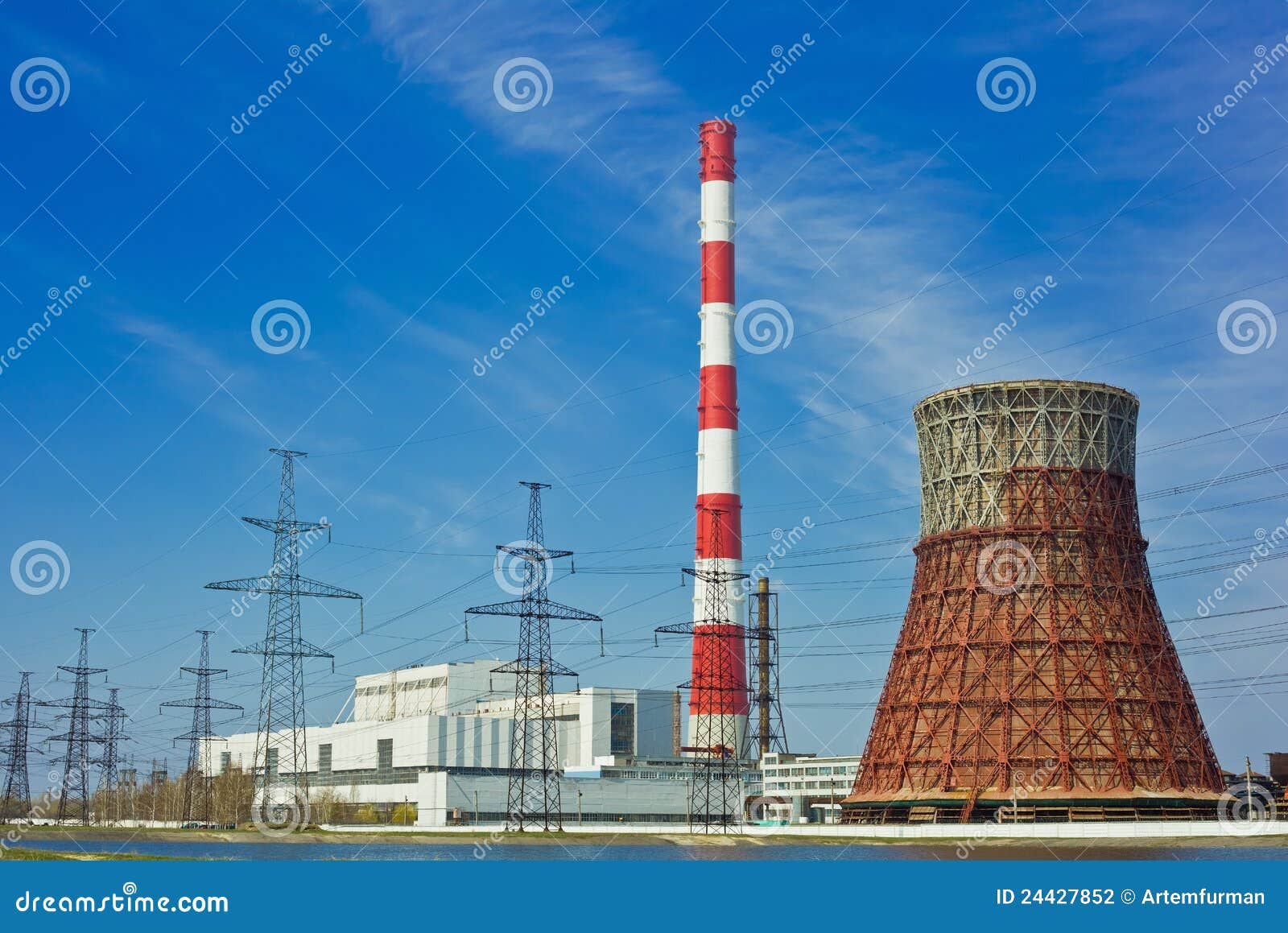 Thermal Power Station and Power Line Stock Photo - Image of atom ...