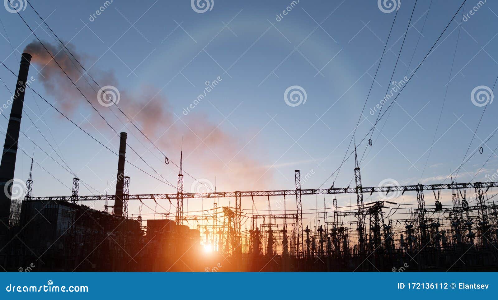 Thermal Power Stations and Power Lines during Sunset Stock Photo ...