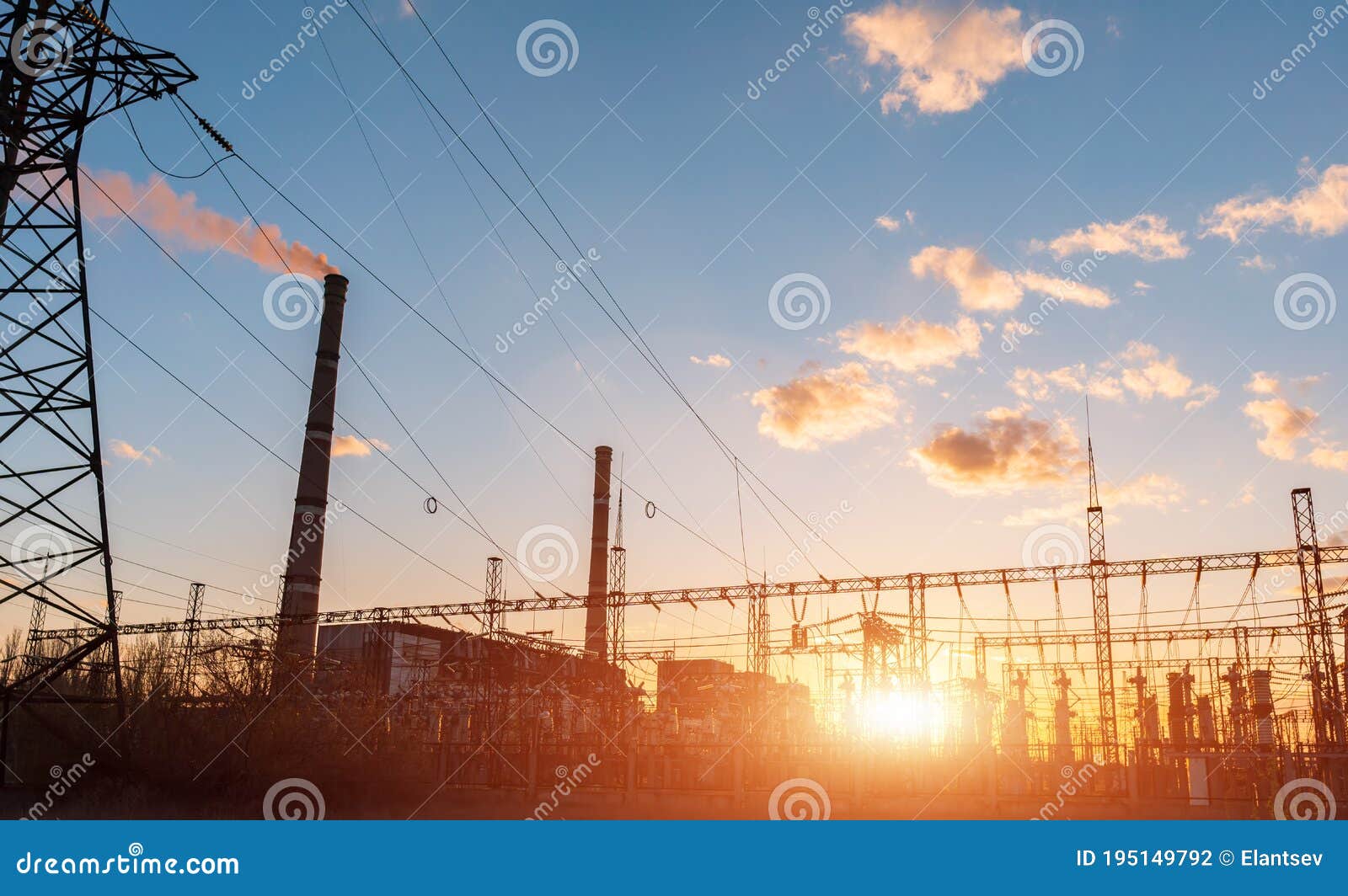 Thermal Power Stations and Power Lines during Sunset Stock Photo ...