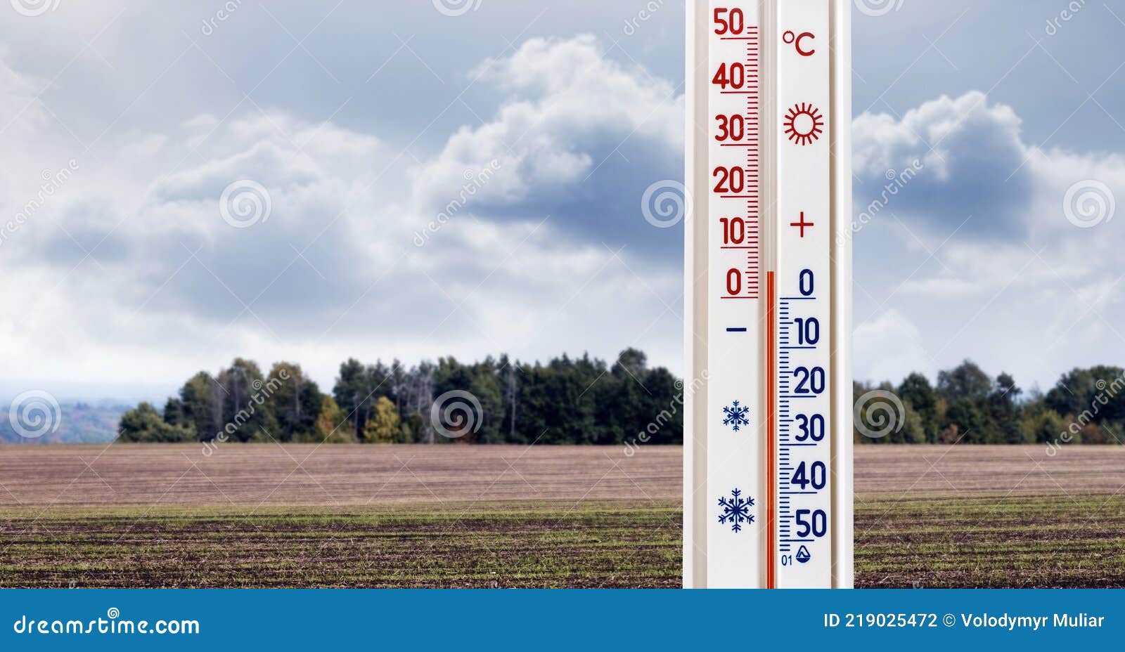 Thermometer on the Background of Autumn Field and Forest Shows Plus 5 ...