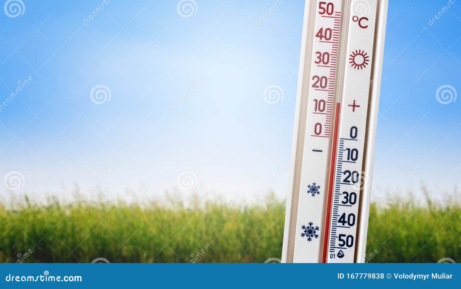 The Thermometer on the Background of Green Grass and Sky Shows the ...