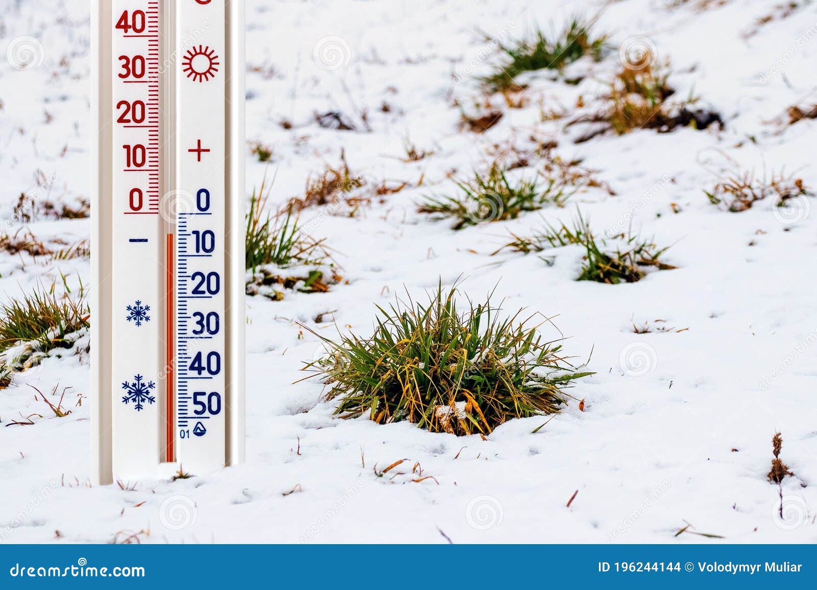 The Thermometer on a Background of Snow-covered Grass Shows Minus 5 ...