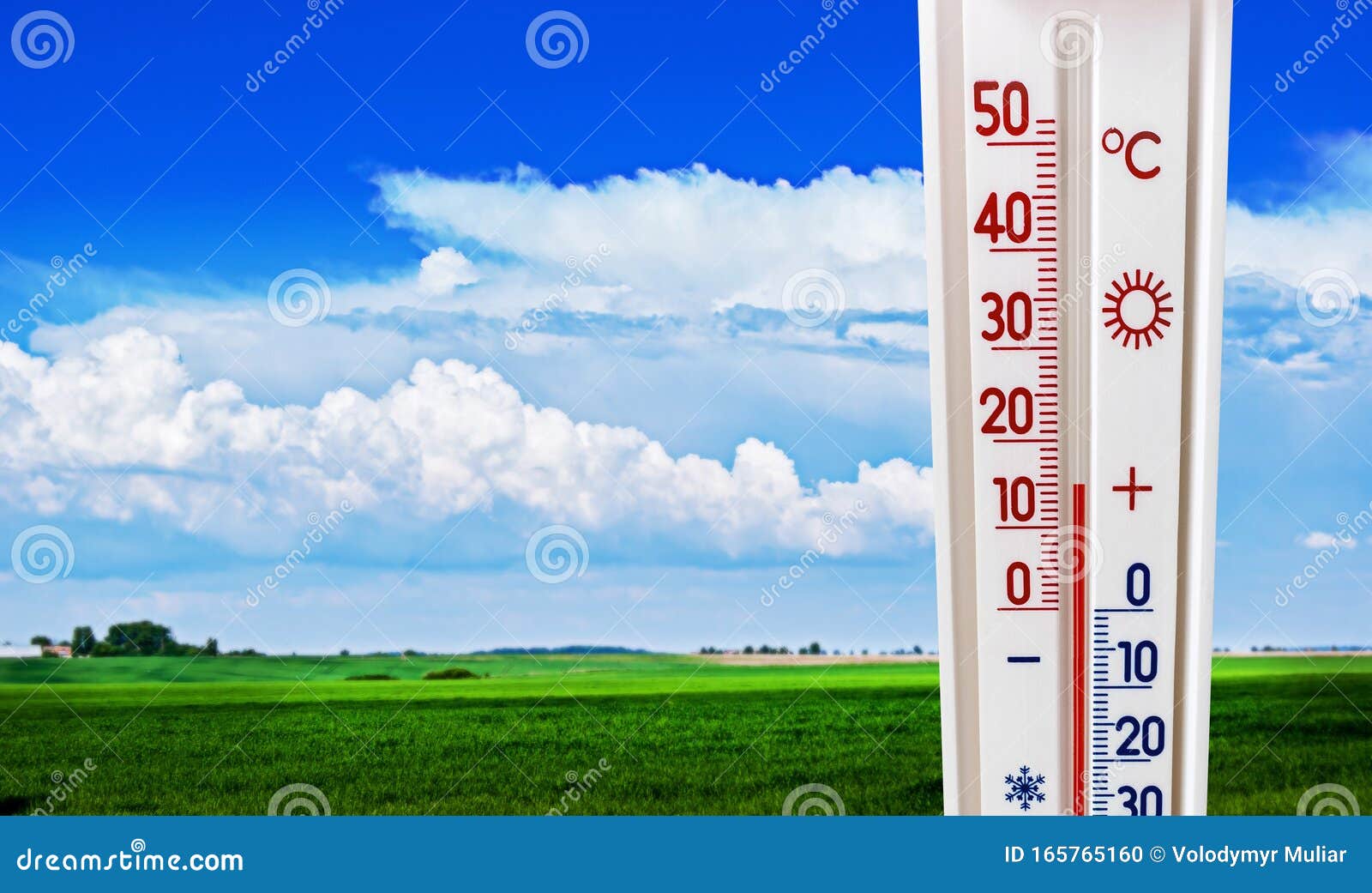 The Thermometer on the Background of the Spring Field Shows the ...