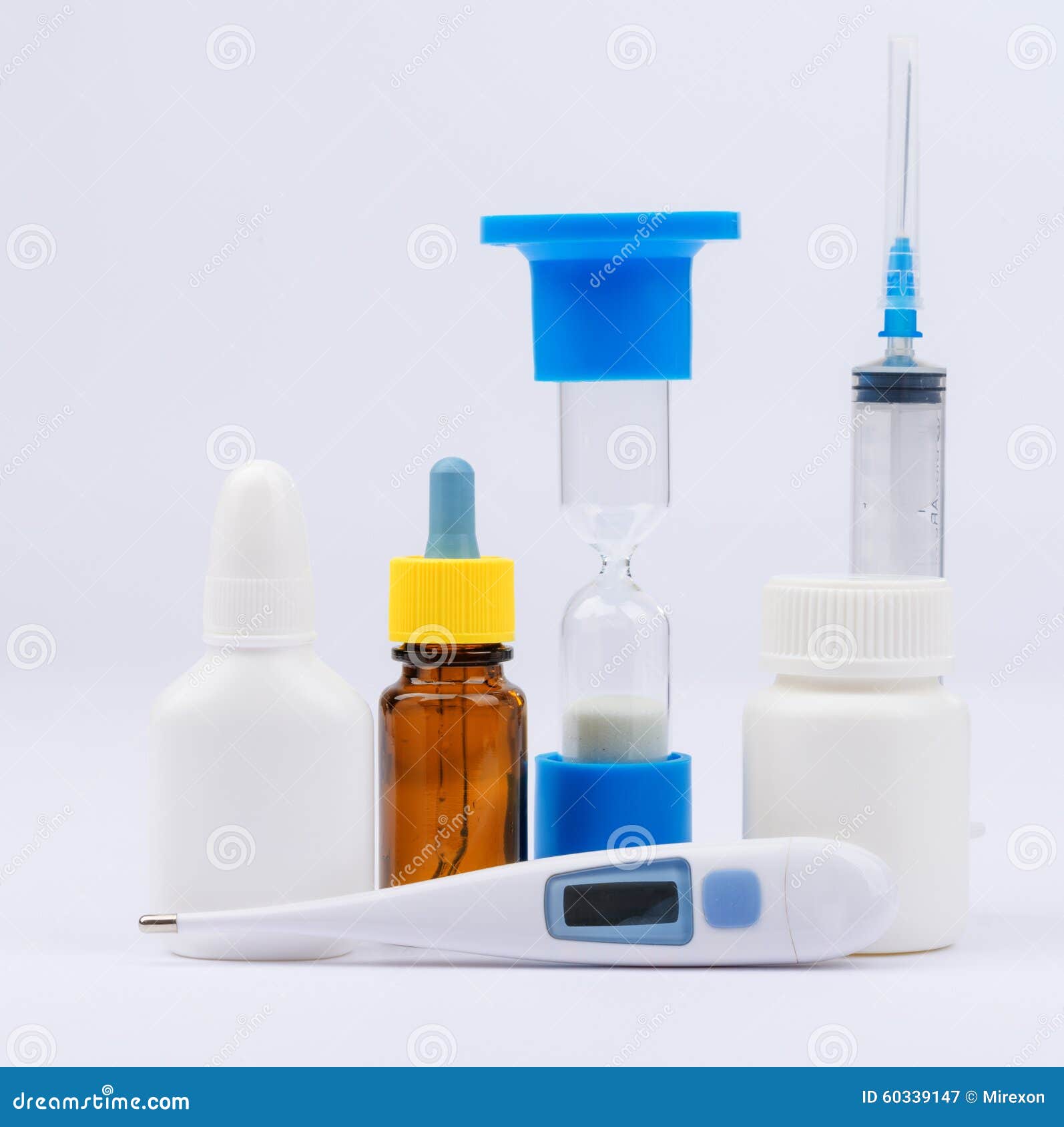 Thermometer with Bottles of Medicine and Syringe Stock Image - Image of ...