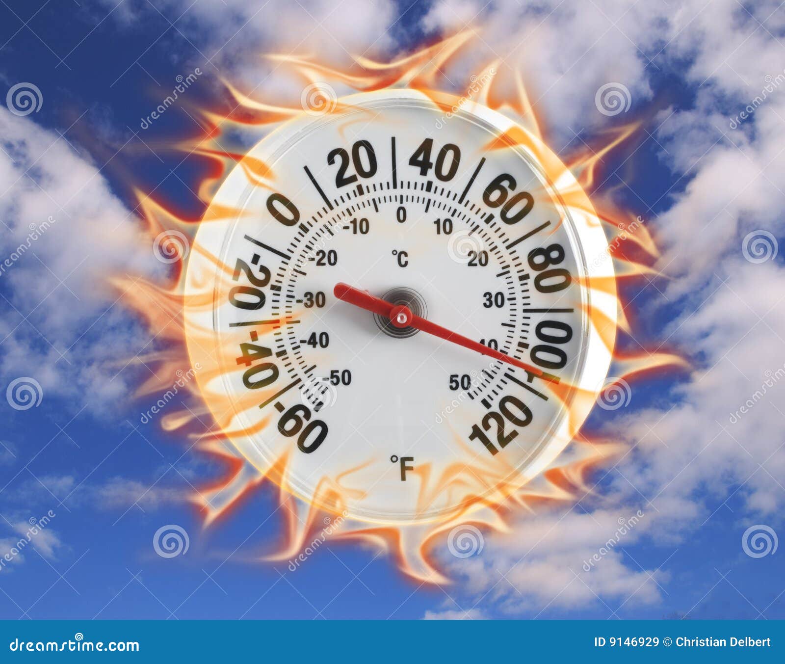 Thermometer on Fire in Blue Sky Stock Image - Image of temperature ...