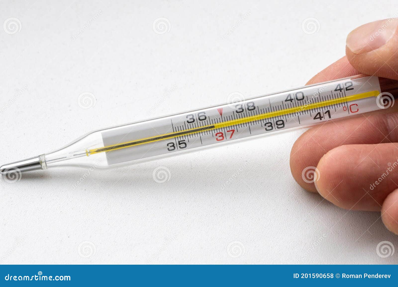 Thermometer in Hand with Normal Temperature Stock Photo - Image of hand ...