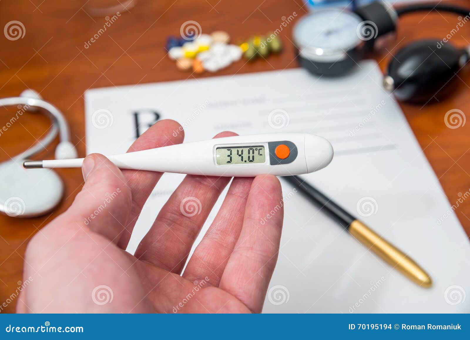 Thermometer in Hands of Doctor on Background Form RX Stock Photo ...
