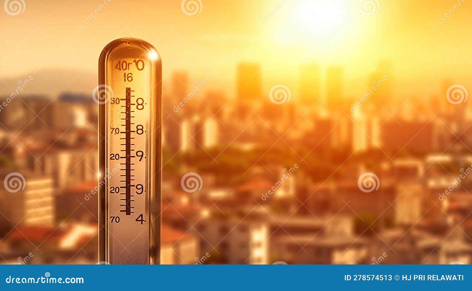 Thermometer with High Temperature on the City with Glowing Sun ...
