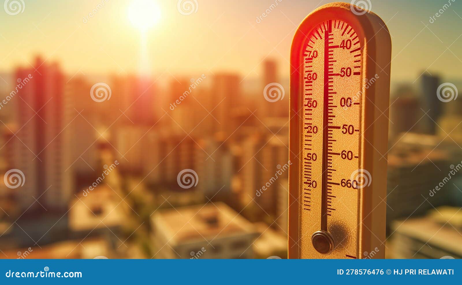 Thermometer with High Temperature on the City with Glowing Sun ...