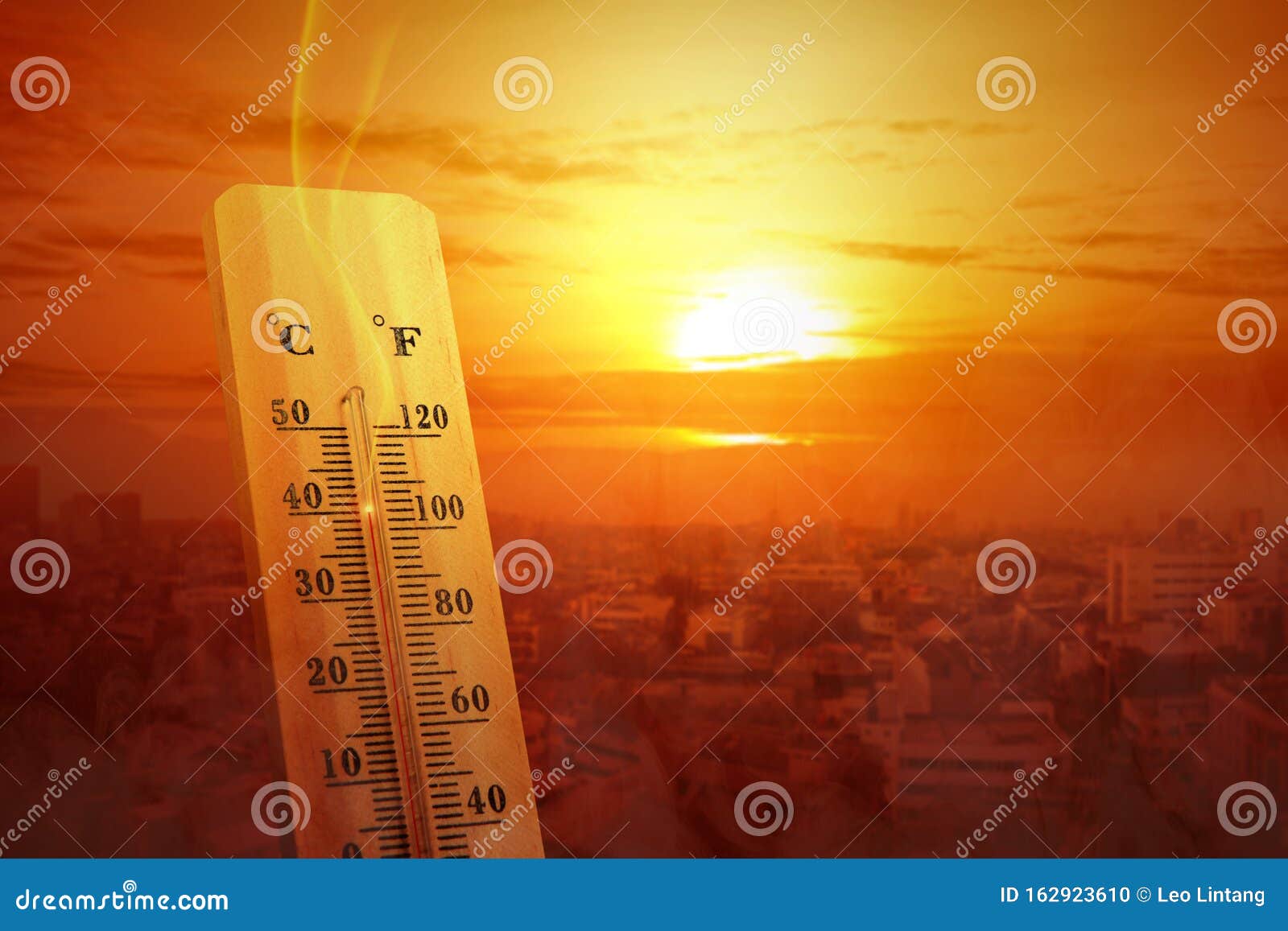 Thermometer with High Temperature on the City with Glowing Sun ...