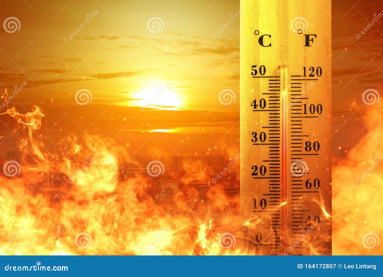 Thermometer with High Temperature on the City with Glowing Sun ...