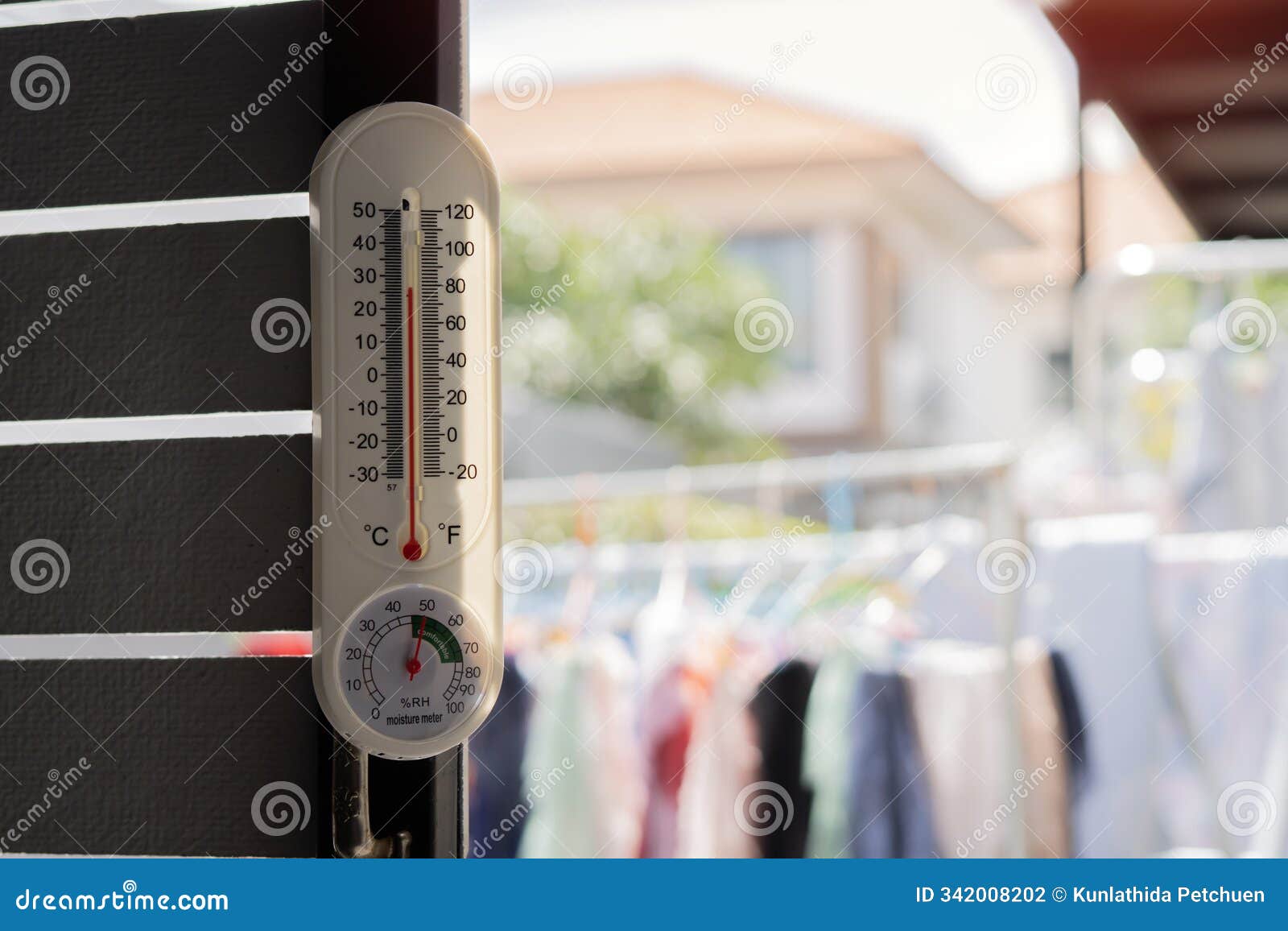 A Thermometer is Installed on the Door of the House with Blurred Image ...