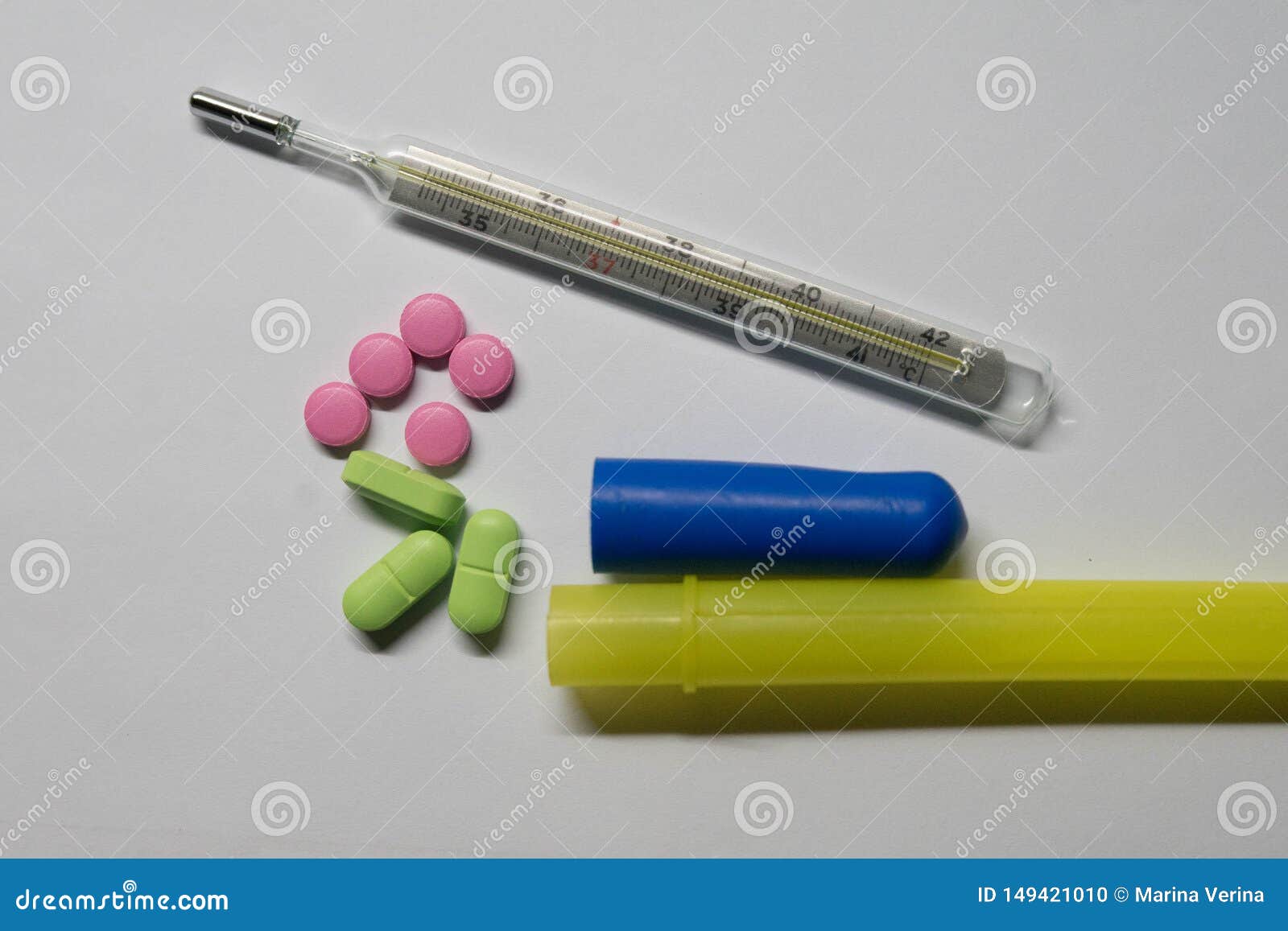Thermometer for Measuring Temperature and Tablets Stock Photo - Image ...