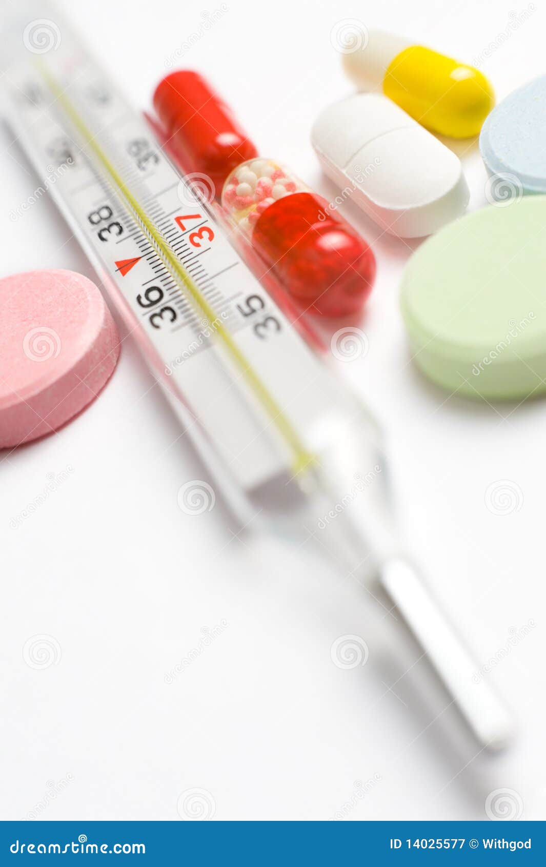 Thermometer and pills stock image. Image of febrifugal - 14025577