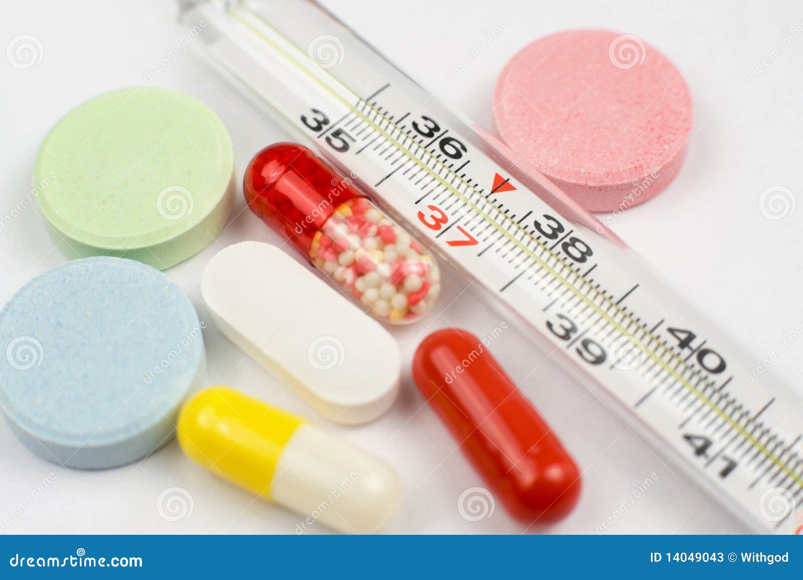 Thermometer and pills stock image. Image of antifever - 14049043