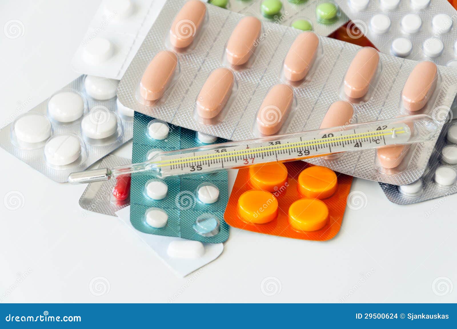 Thermometer and pills stock photo. Image of concept, heap - 29500624