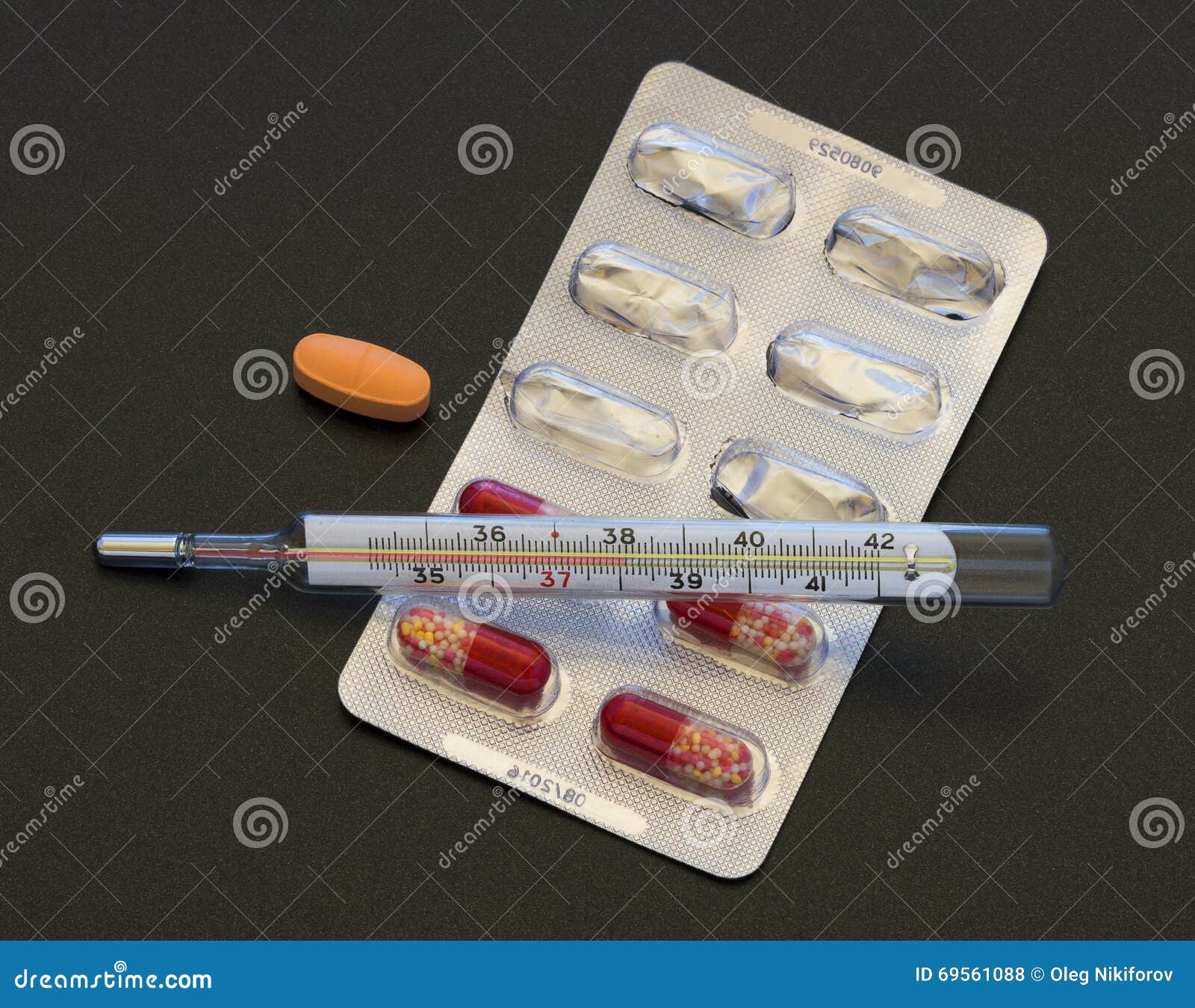 Thermometer and pills stock photo. Image of pill, medical - 69561088