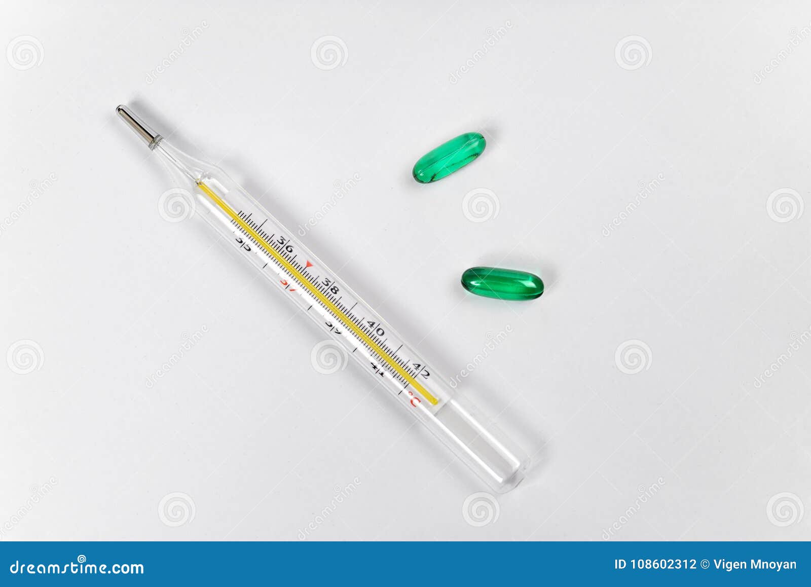 Thermometer and pills stock photo. Image of temperature - 108602312