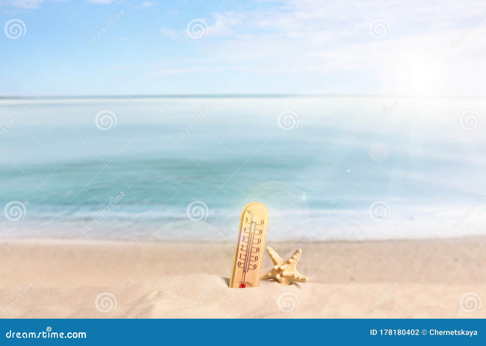 Thermometer, Sea Star and Sandy Beach Stock Photo - Image of season ...