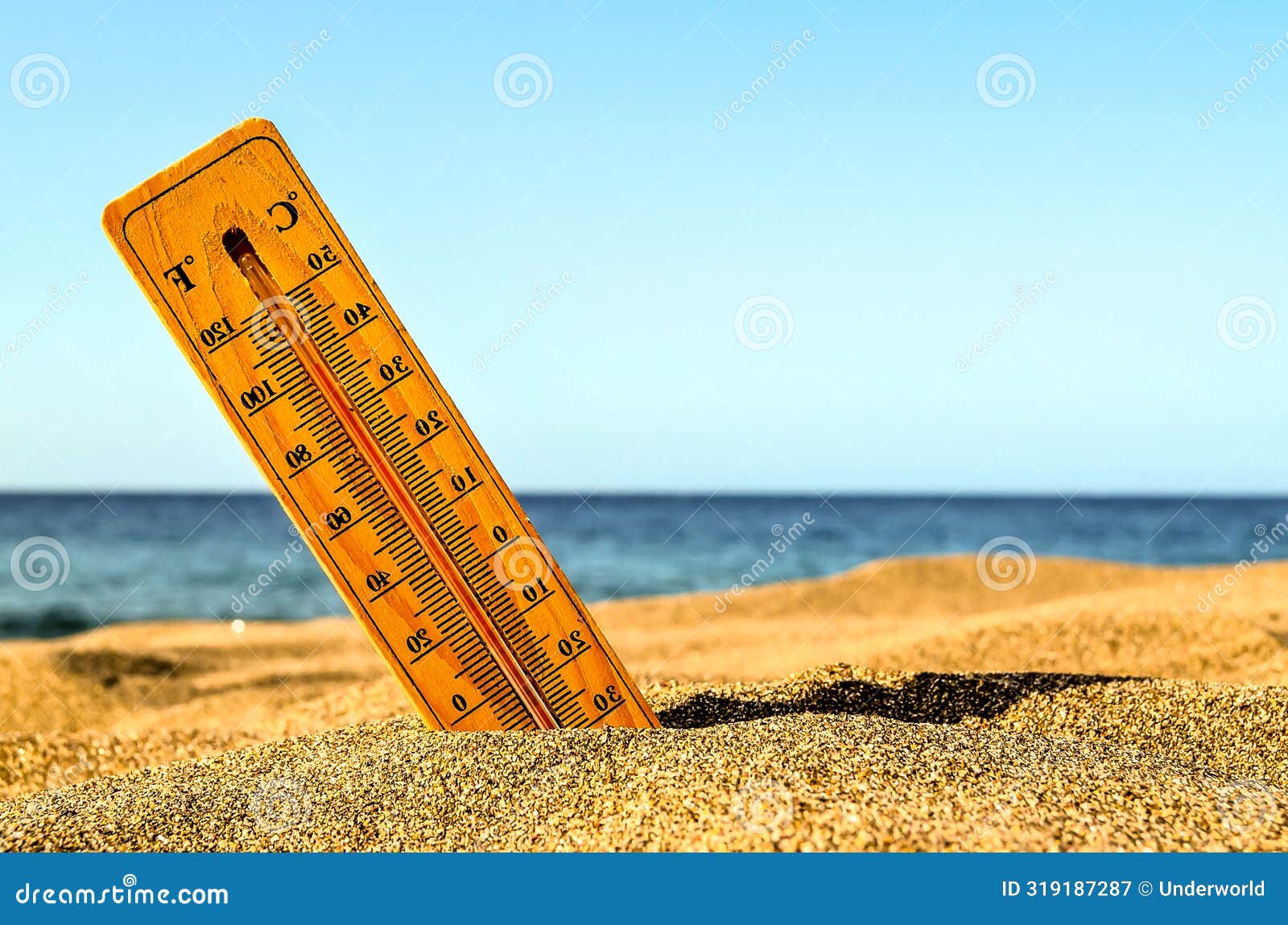 A Thermometer is Sitting on the Sand Next To the Ocean Stock Image ...