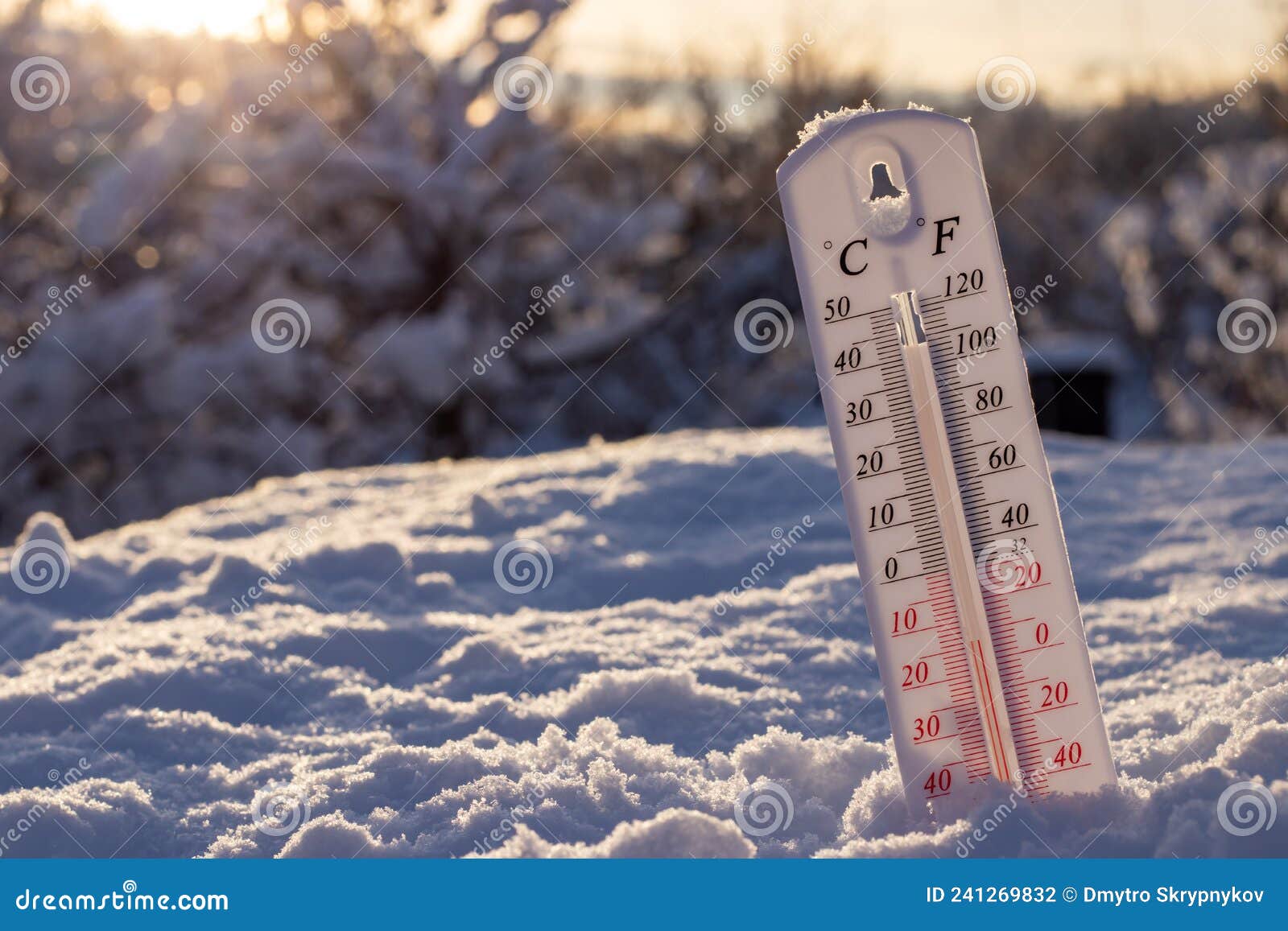 Thermometer On Snow Shows Low Temperatures In Celsius Or Farenheit On