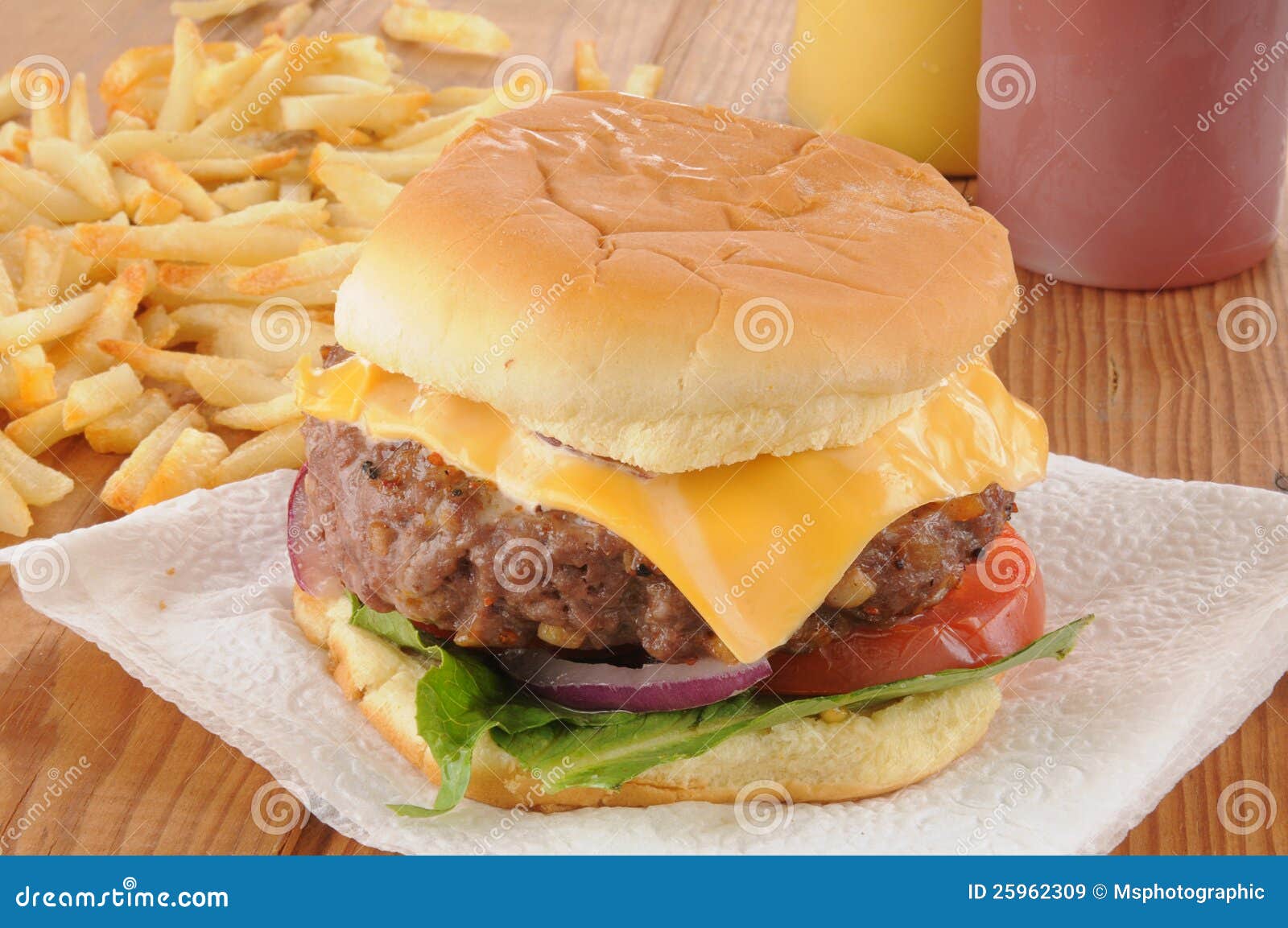 Thick Cheeseburger with Fries Stock Image - Image of food, closeup ...