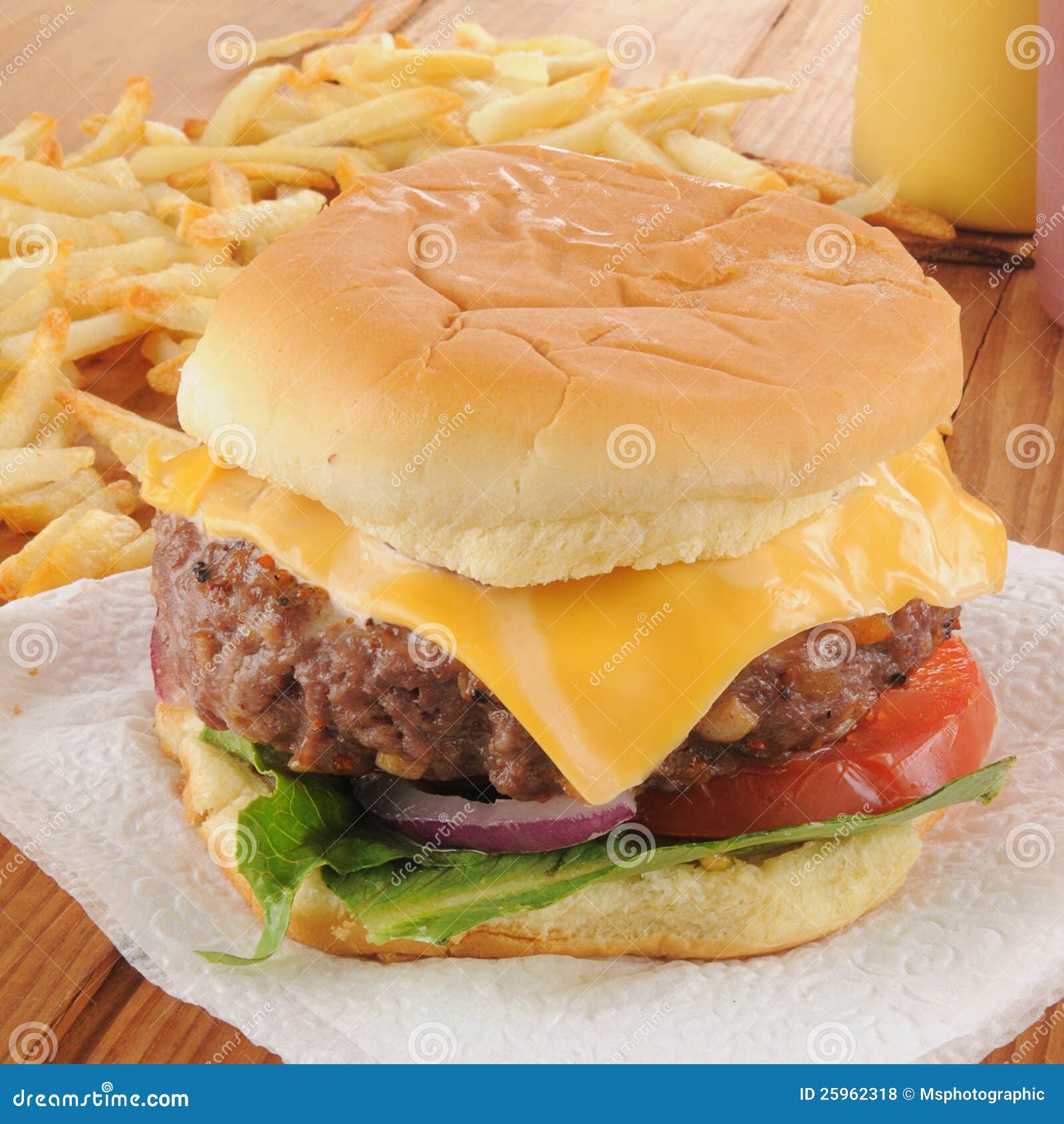 Thick Cheeseburger with Fries Stock Photo - Image of four, salt: 25962318