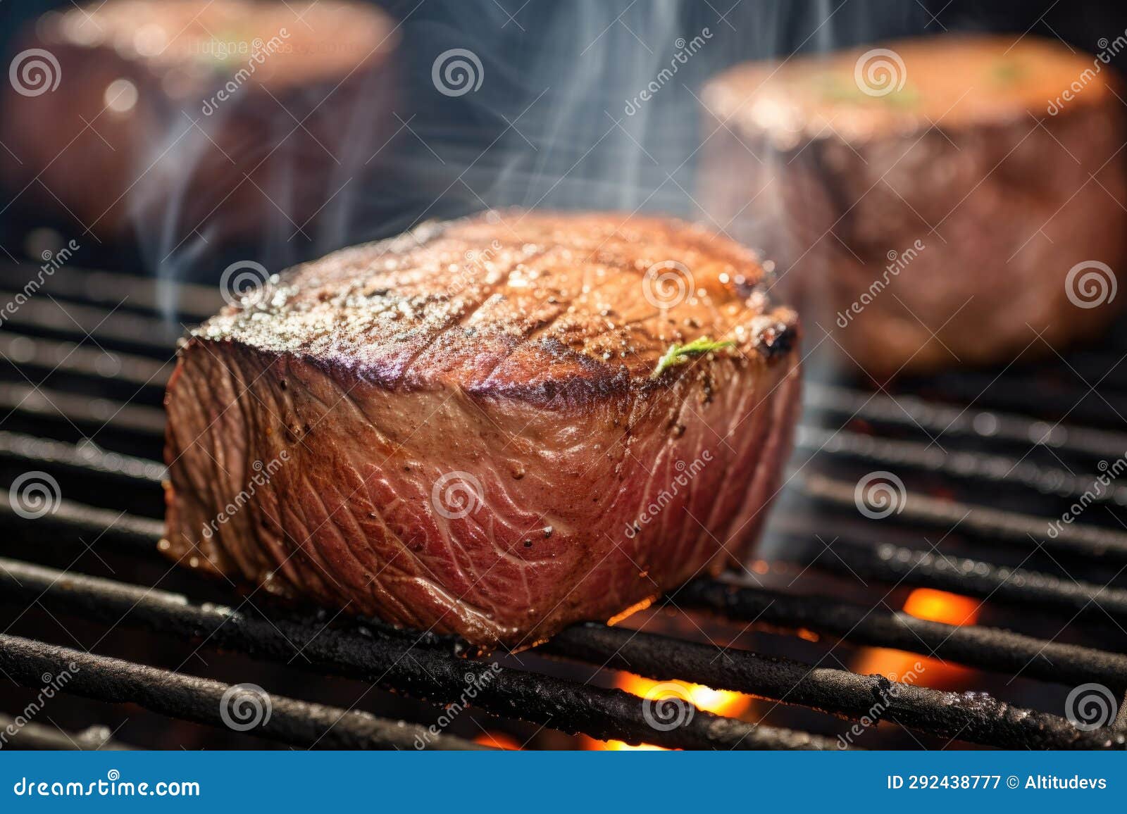 Thick Cut Filet Mignon on a Smoky Grill Stock Image - Image of barbecue ...
