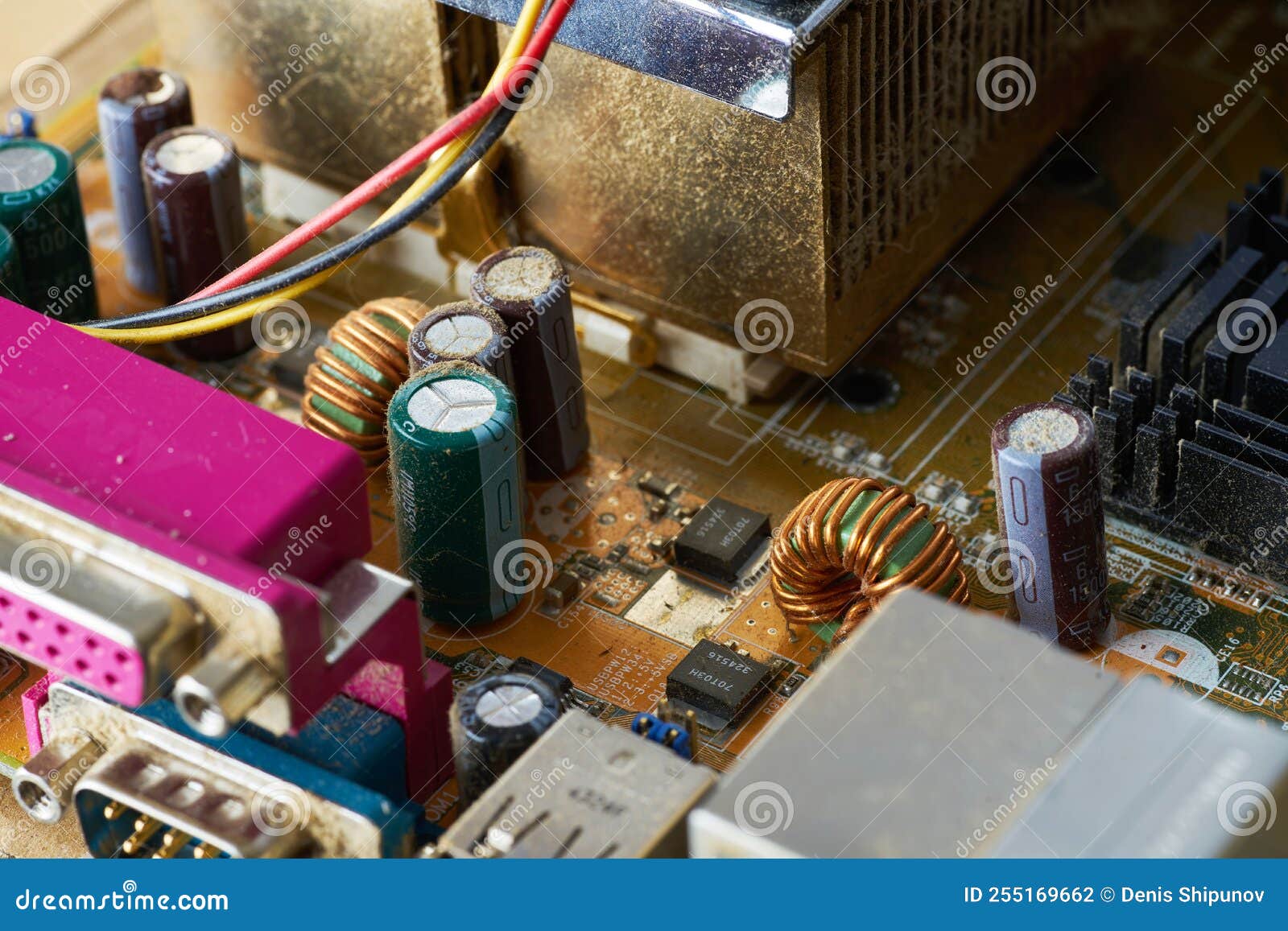 Old Motherboard Covered in Dust and Dirt. Close-up. Stock Photo - Image ...