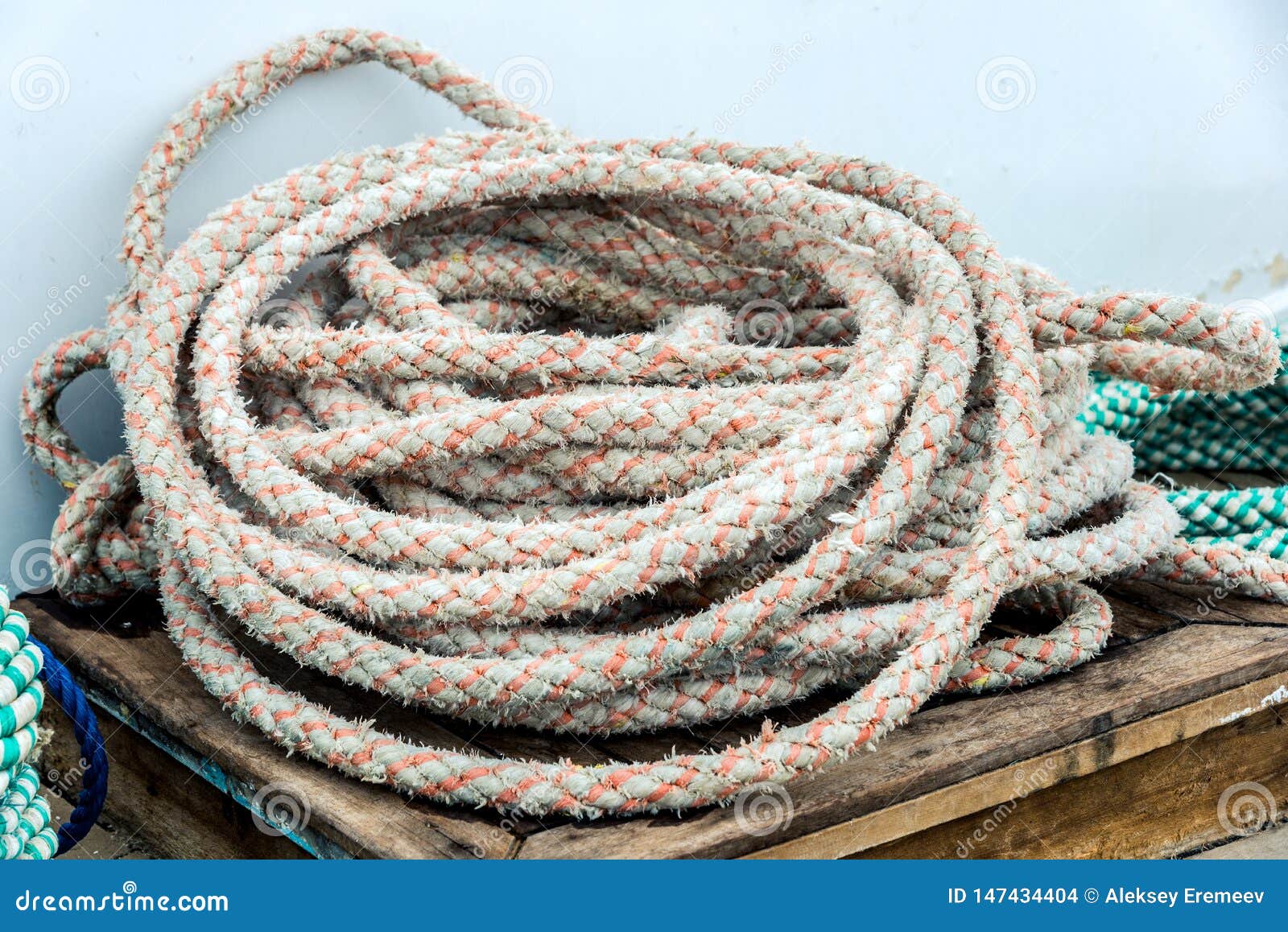 Thick Ropes for Mooring Lie on the Ship. Horizontal Frame Stock Photo ...