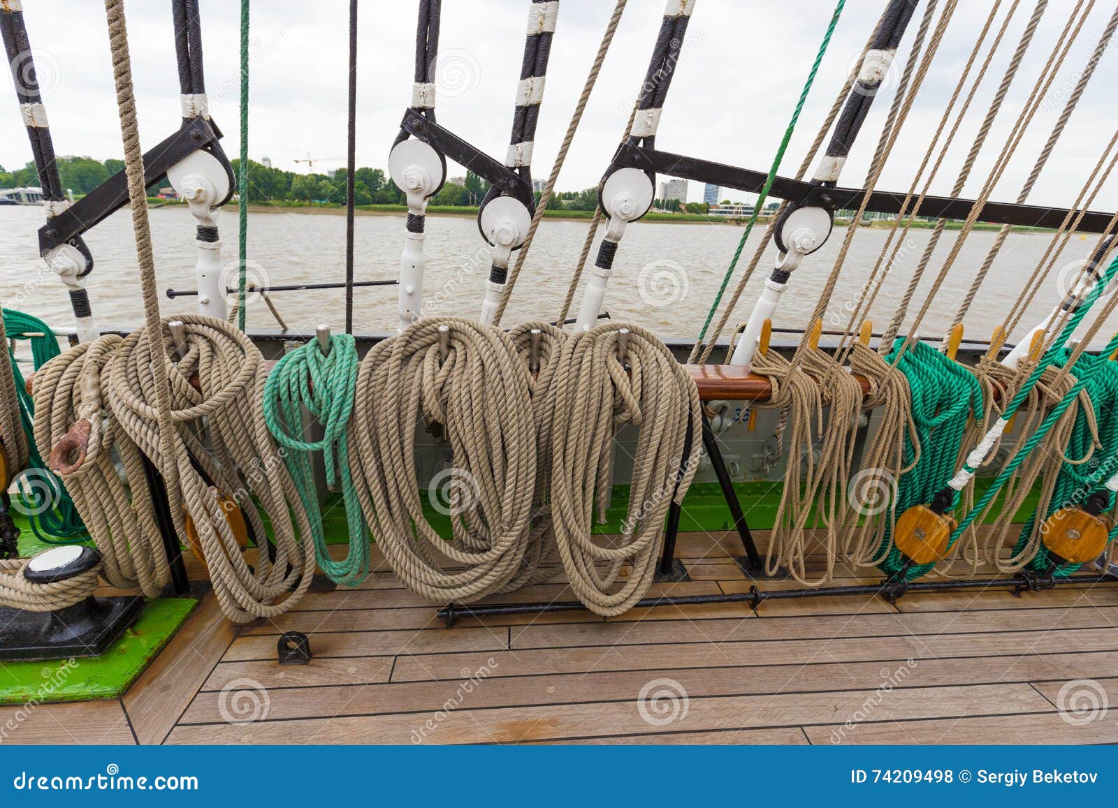 Thick Ship Vessel Rigging Rope in Various Shapes and Colors on a Boat ...