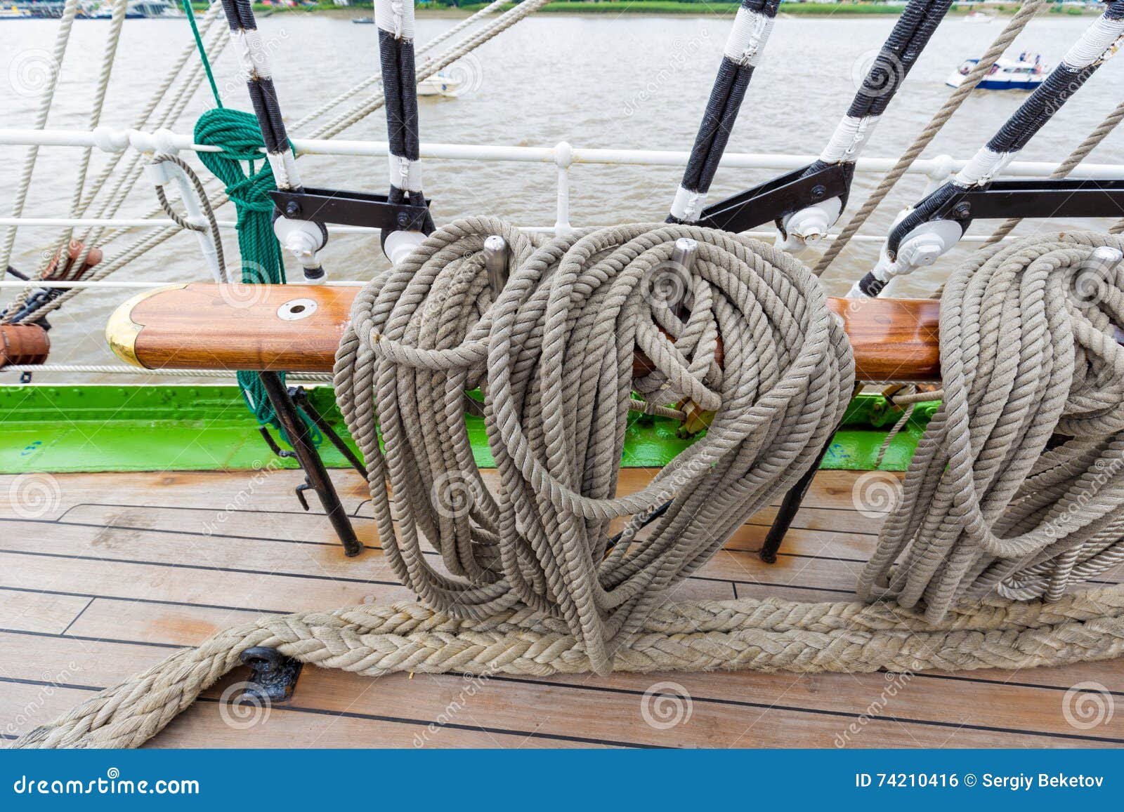 Thick Ship Vessel Rigging Rope in Various Shapes and Colors on a Boat ...