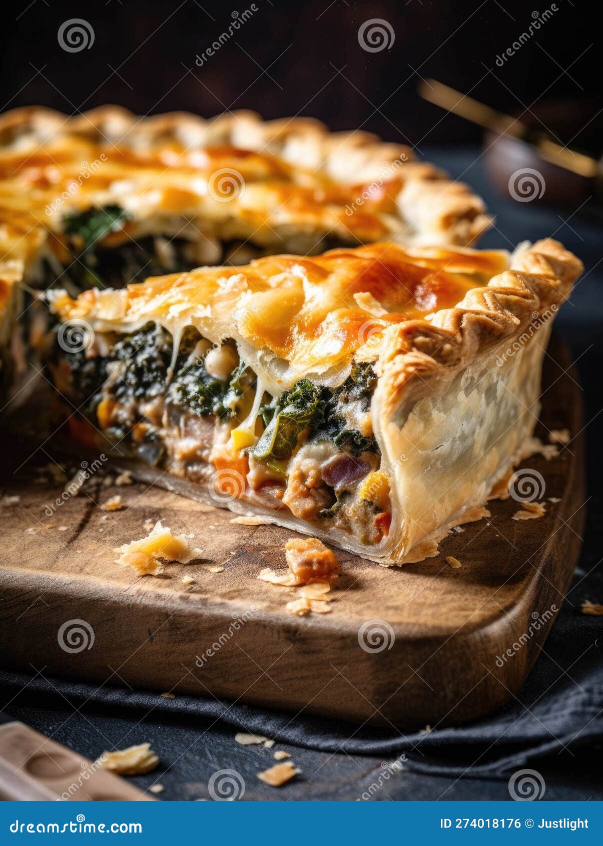 A Thick Slice Of Veggie Loaded Pie Oozing With Melted Cheese On Top ...