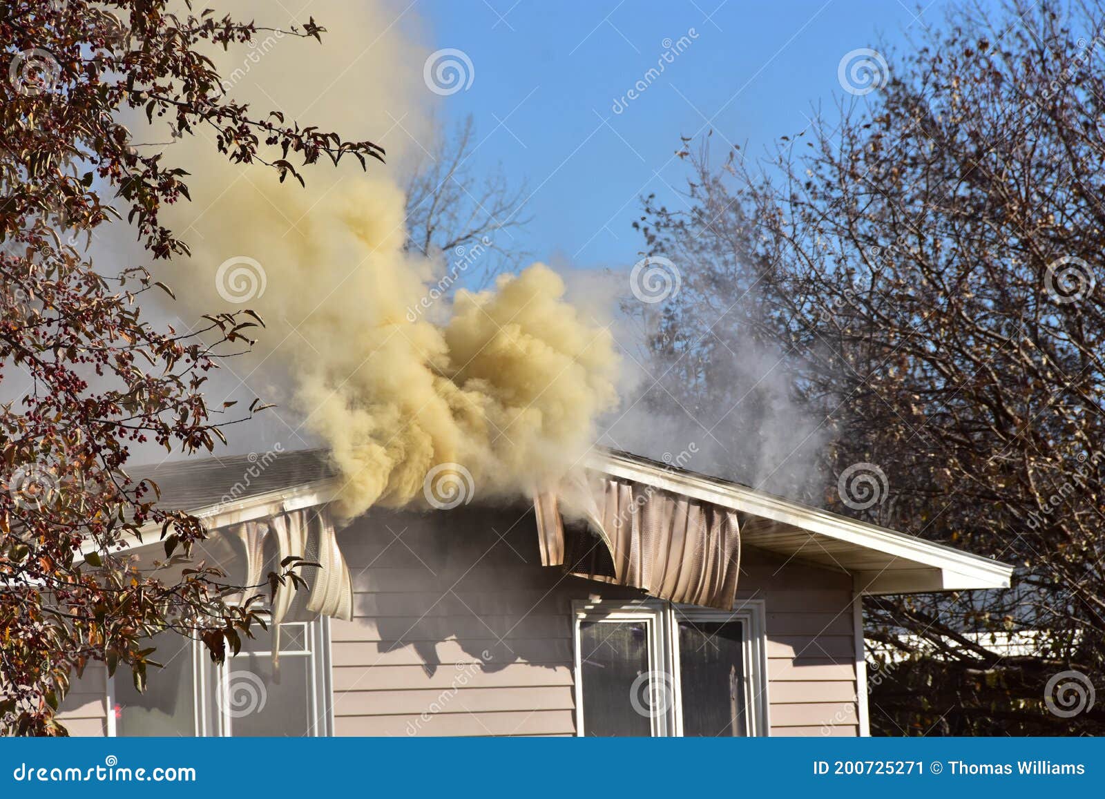 Thick Smoke Emitting from Eaves of Mobile Home. Stock Image - Image of ...