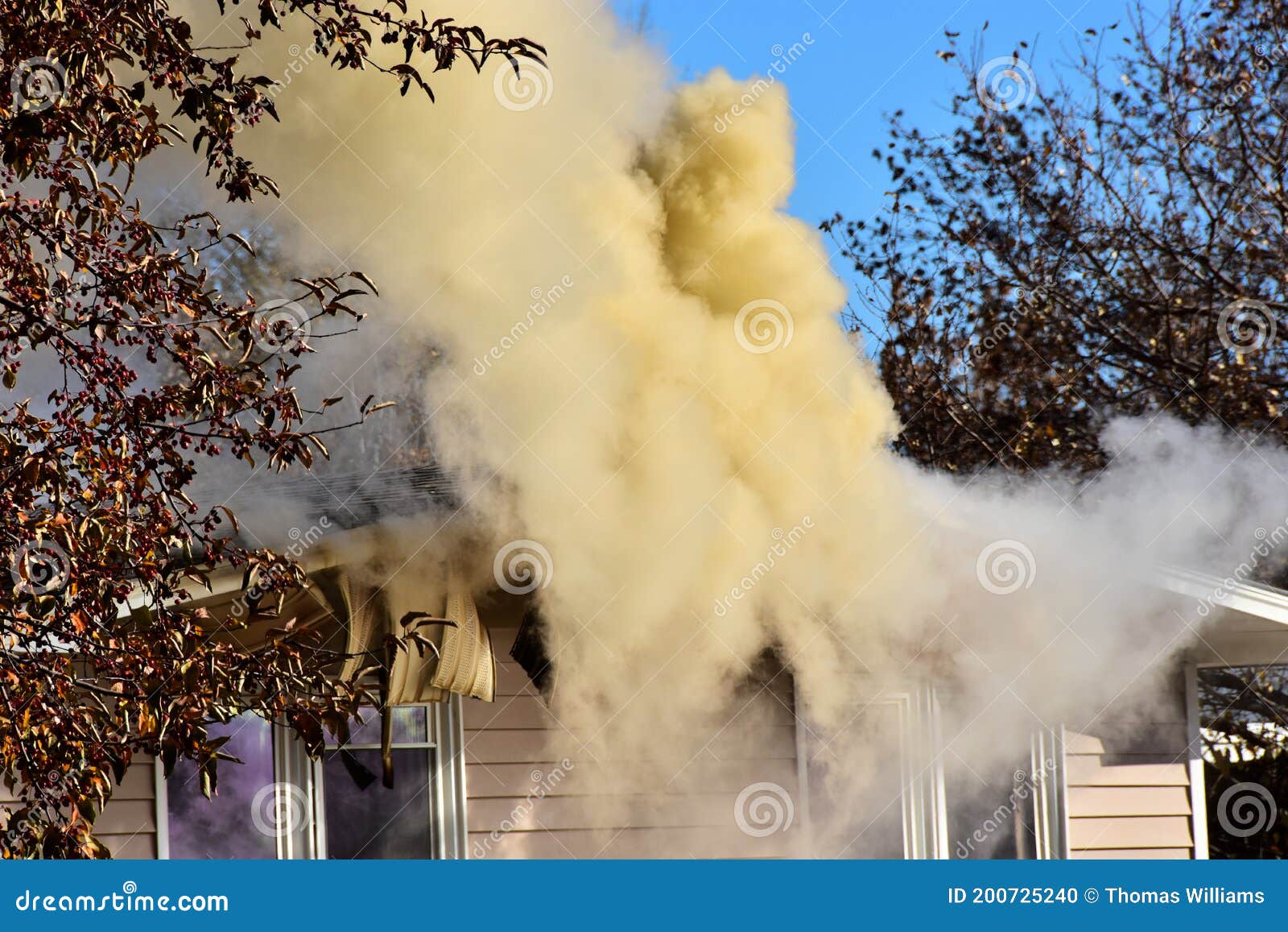 Thick Smoke Emitting from Eaves of Mobile Home. Stock Photo - Image of ...
