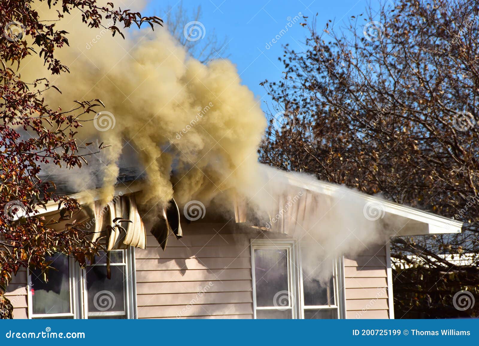 Thick Smoke Emitting from Eaves of Mobile Home. Stock Image - Image of ...