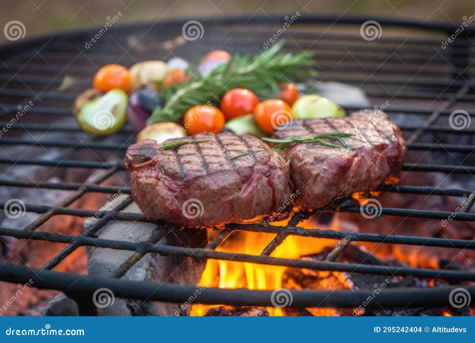 Thick Steak on a Rustic Grill Over Fire Pit Stock Photo - Image of ...