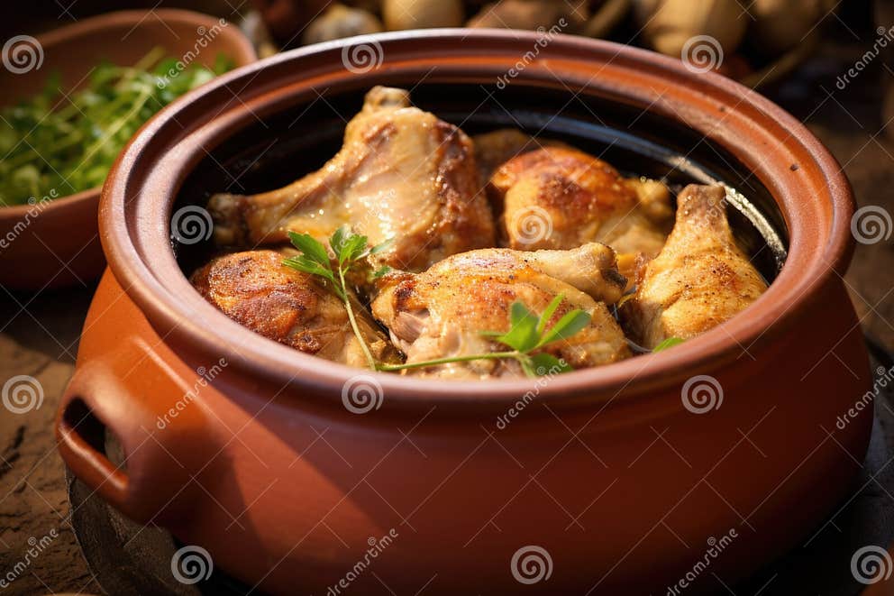 Thickly Cooked Chicken Thighs Inside a Clay Pot Stock Image - Image of ...