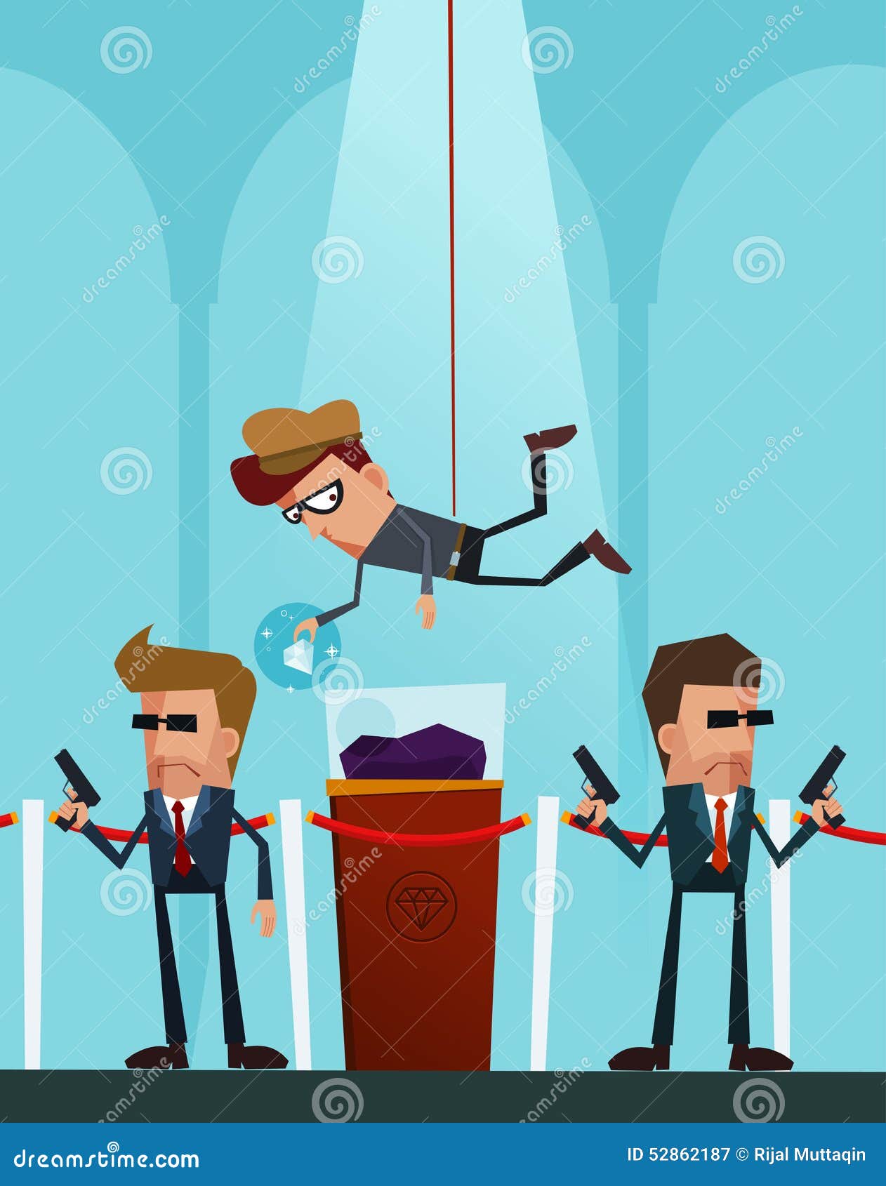 Master Thief Stealing A Diamond In Museum Near Laser Rays Alarm Cartoon ...