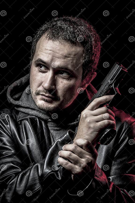 Thief, Armed Man with Black Leather Jacket, Dangerous Stock Photo ...