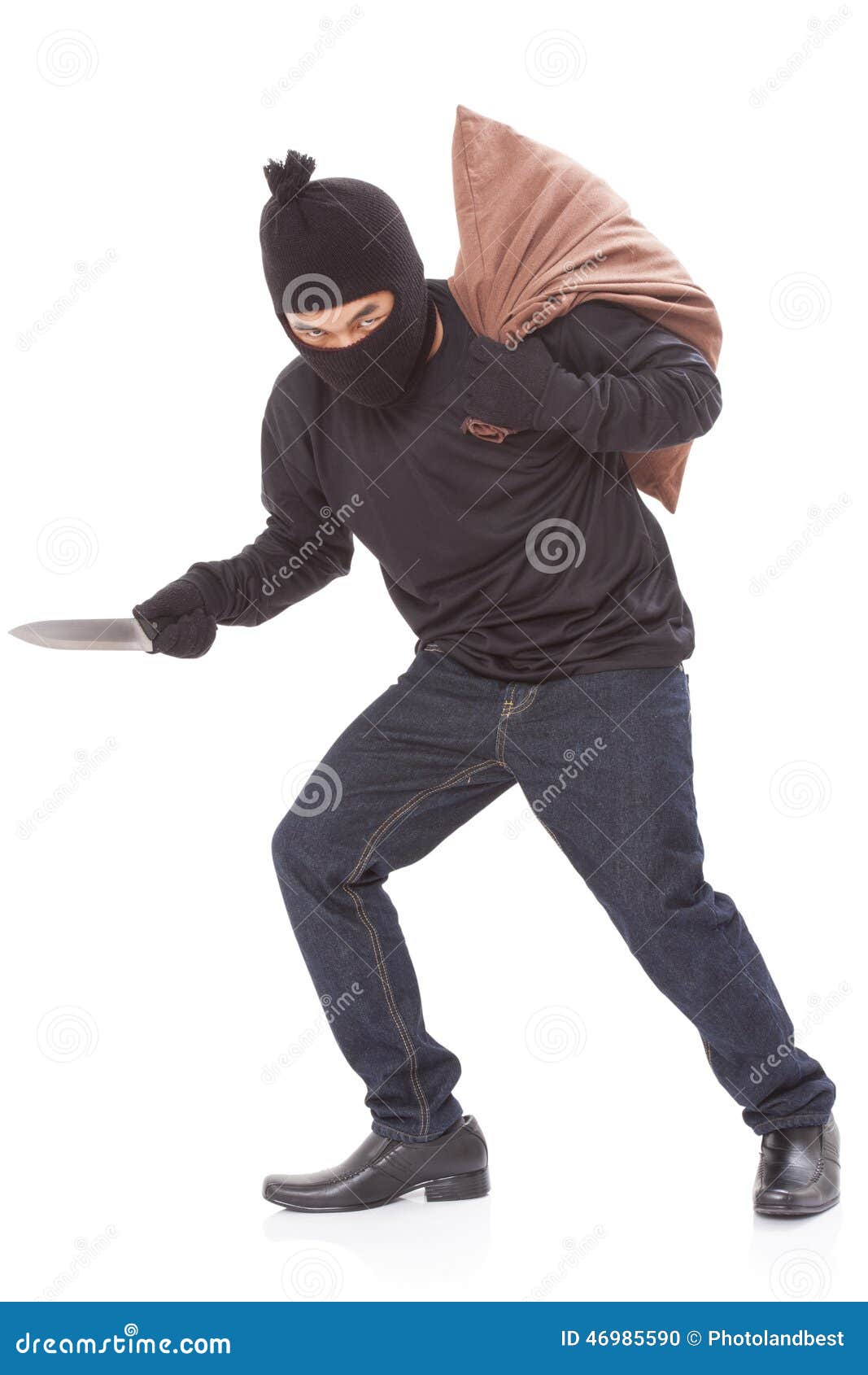 Thief with Bag and Holding Knife Stock Photo - Image of mask, rage ...