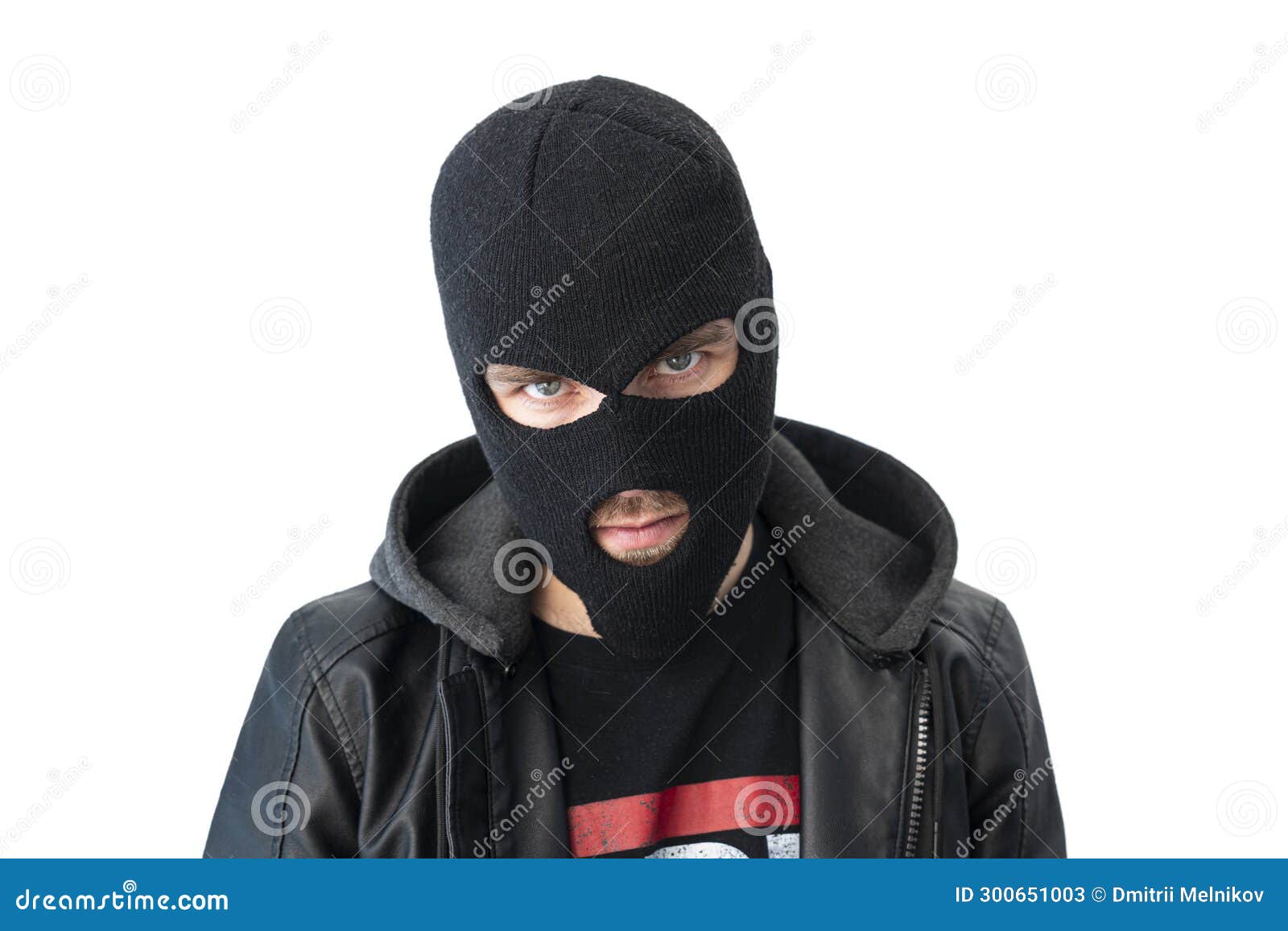 Thief in a Black Jacket. a Man in a Black Balaclava with an Evil ...