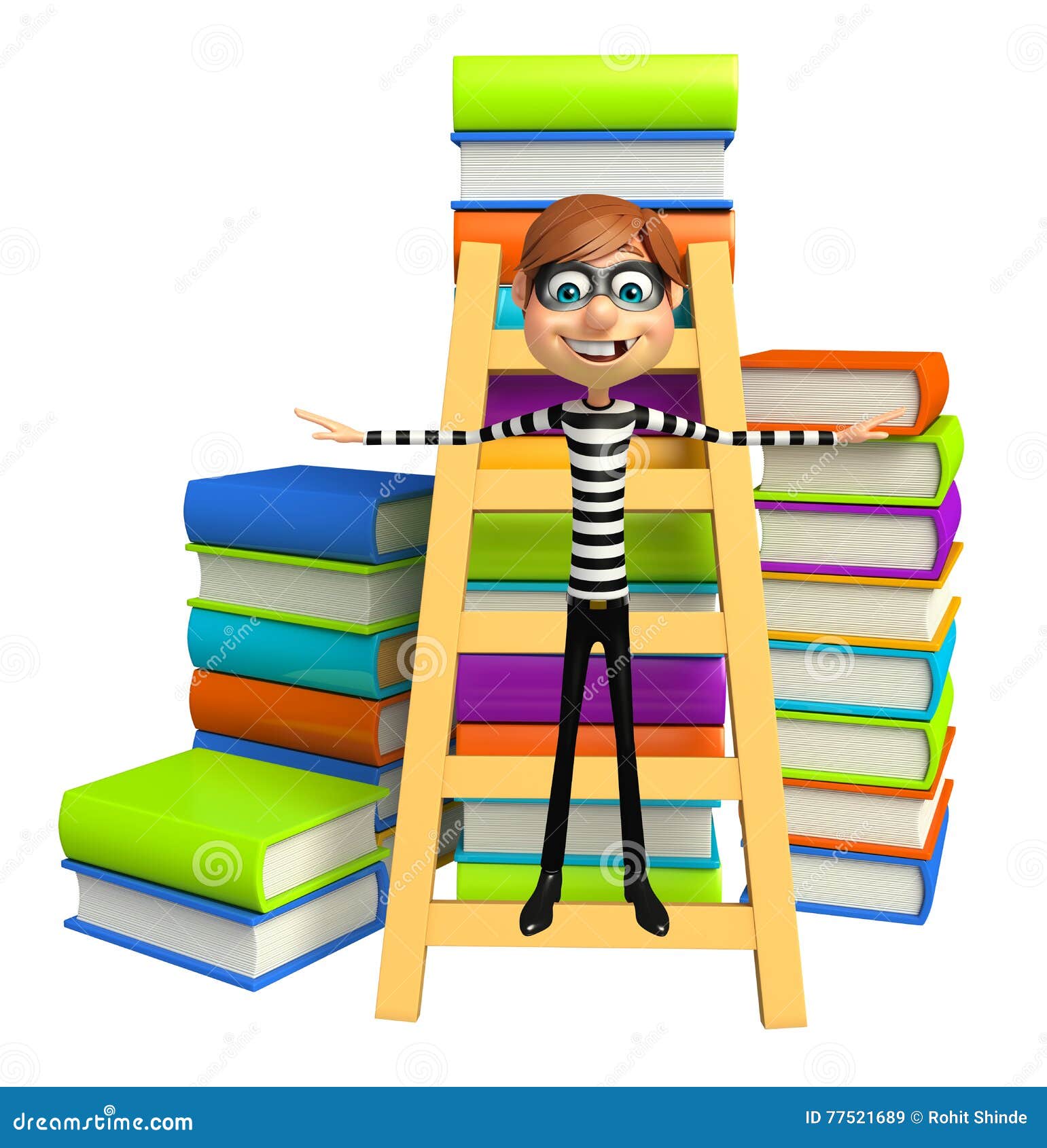Thief with Book Stack & Ladder Stock Illustration - Illustration of ...