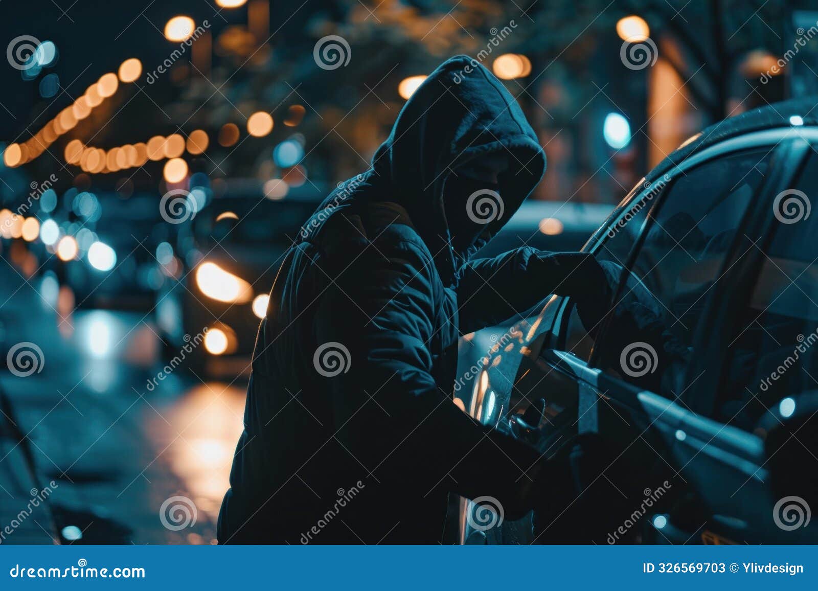 Thief Breaking into Car on a Street at Night Stock Image - Image of ...
