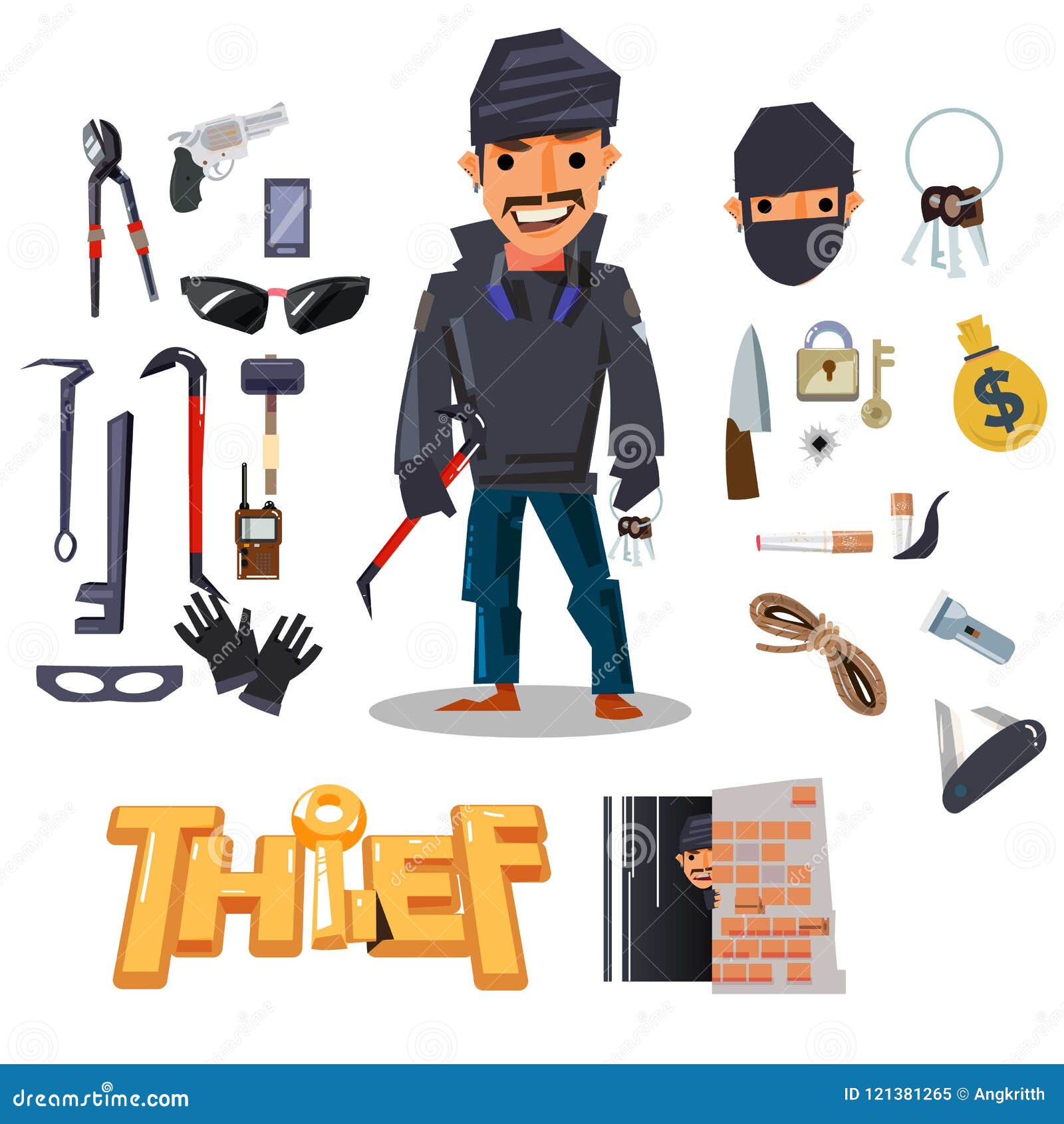 Thief Character Design with Tools. Logotype - Vector Stock Illustration ...