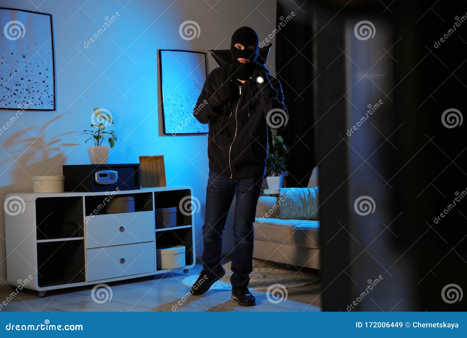 Thief with Flashlight Near Steel Safe Indoors Stock Image - Image of ...